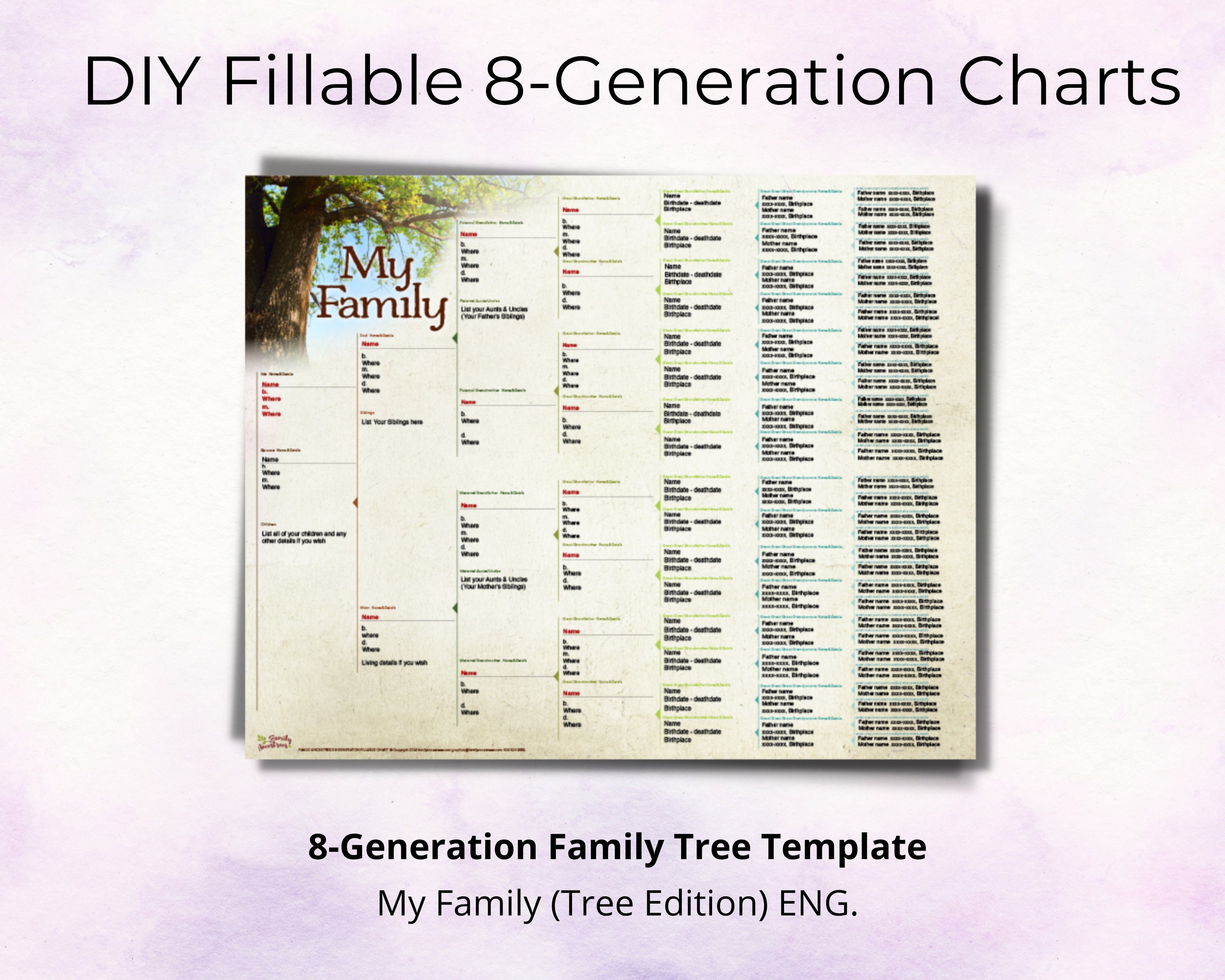 English, My Family, Tree Illustration, DIY Fillable 8-generation Charts ...