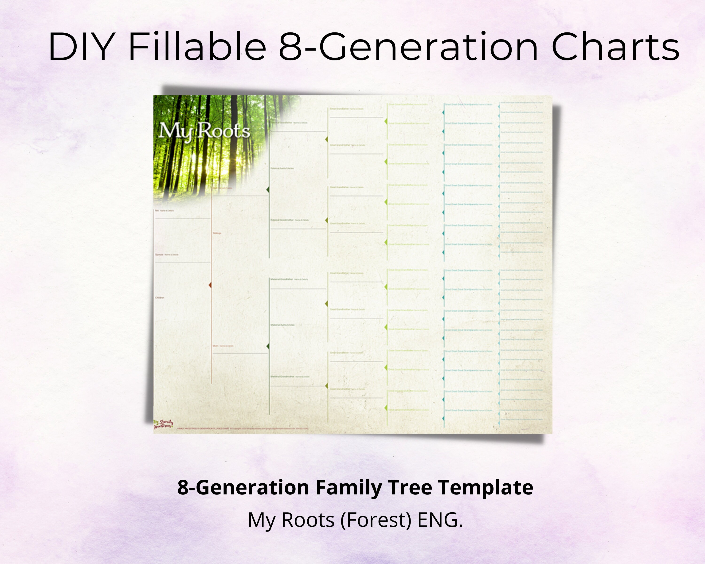 English, My Roots, Forest Edition, DIY Fillable 8-generation Charts DIY ...