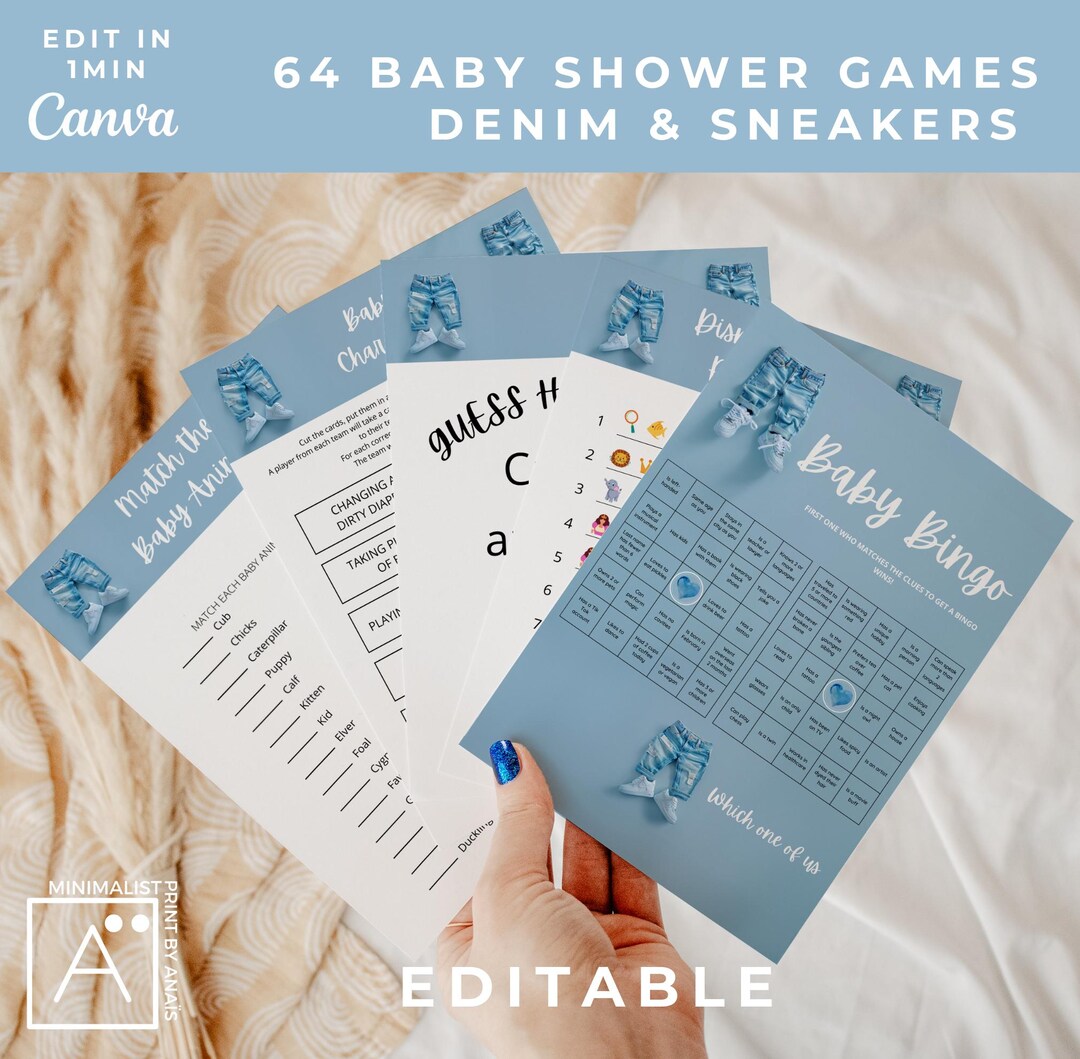 Denim & Sneakers Baby Shower Games Bundle: 64 Printable Games (editable ...