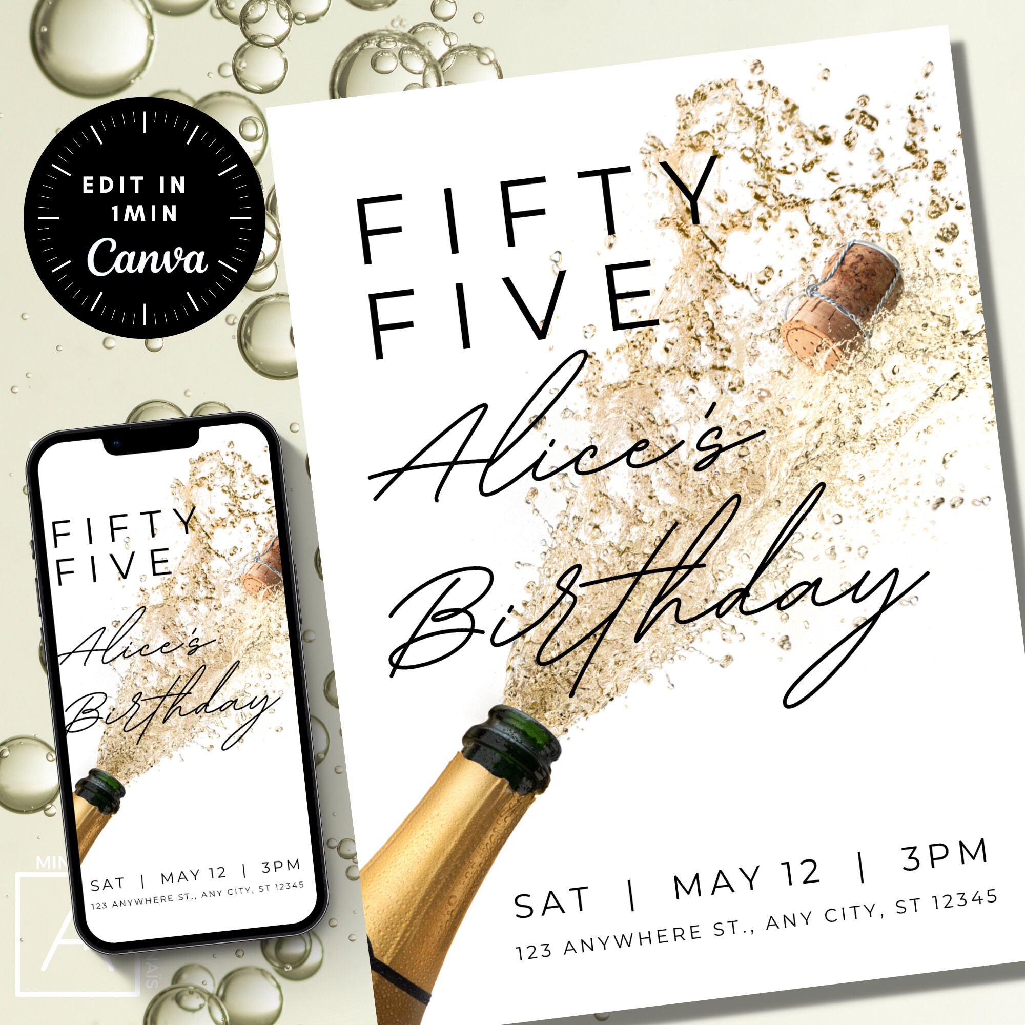 55th Birthday Invitation, Fully EDITABLE ANY AGE, Champagne Birthday ...