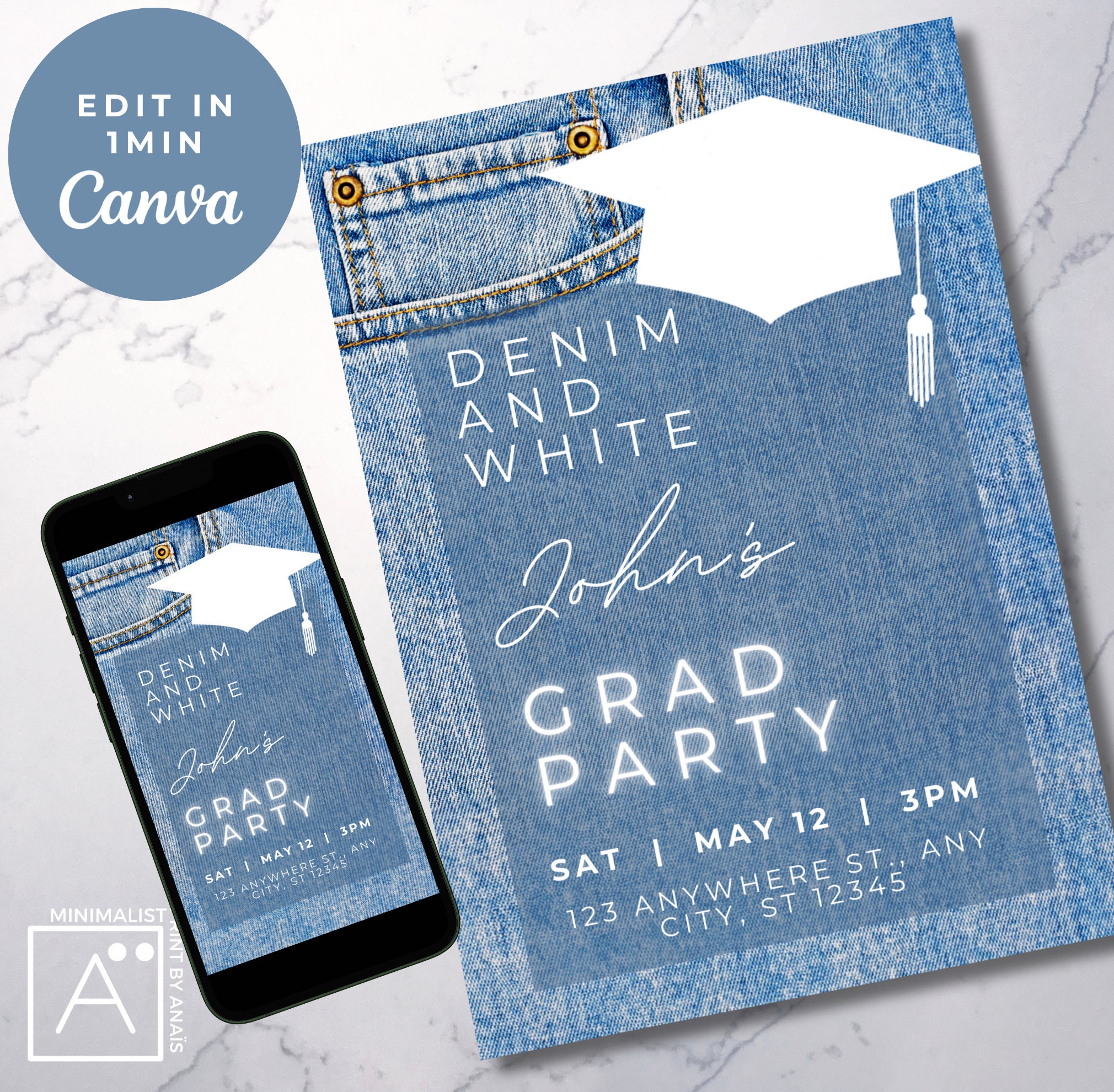 Denim Graduation Party Invitation: Evite and Print (editable Template ...