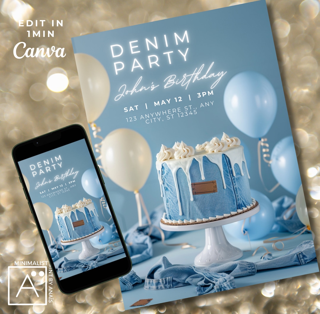 Denim Cake Birthday Invitation, Denim Invite, Denim Party, Blue Jeans ...