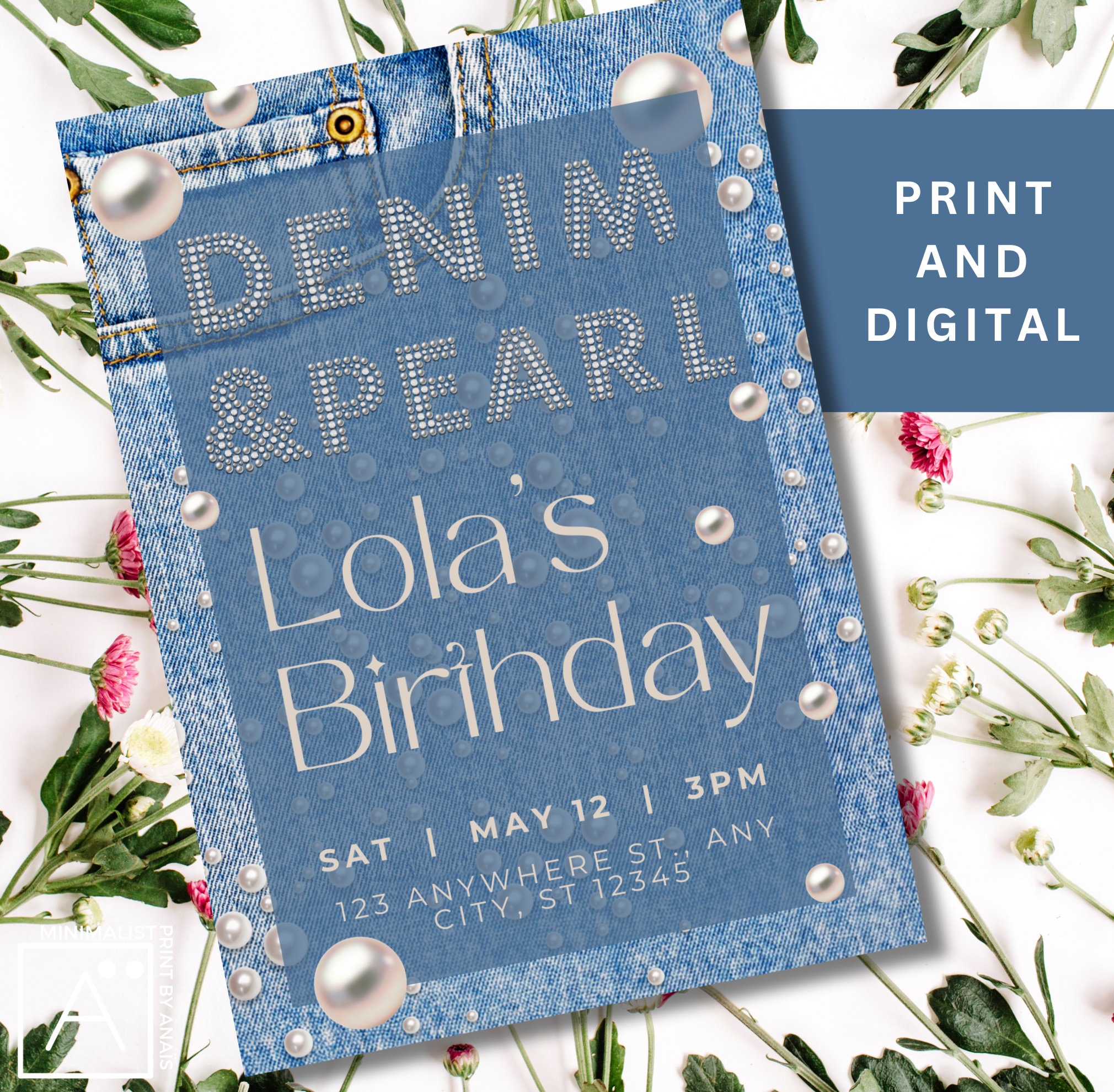 Denim and Pearl Birthday Invitation, Denim Diamond & Pearls Theme ...