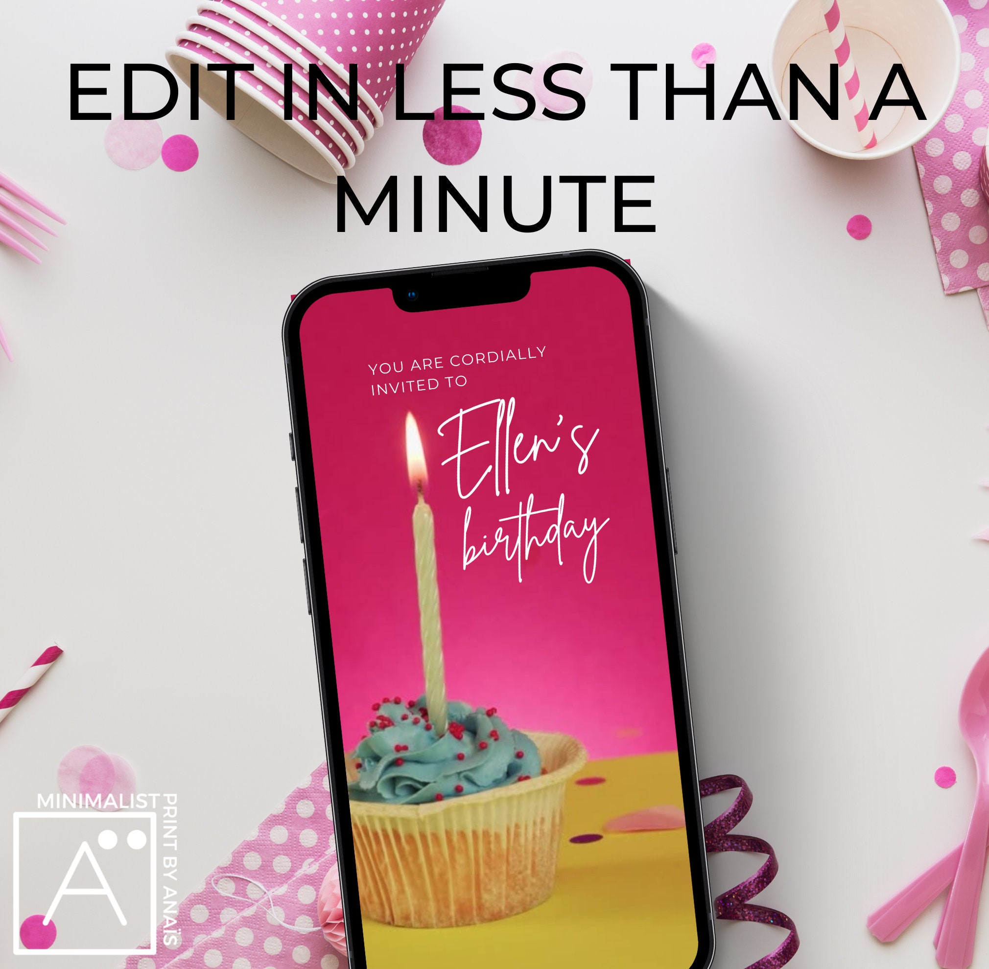 Pink Birthday Invitation, Pink Birthday Invite, Editable Template, Pink ...