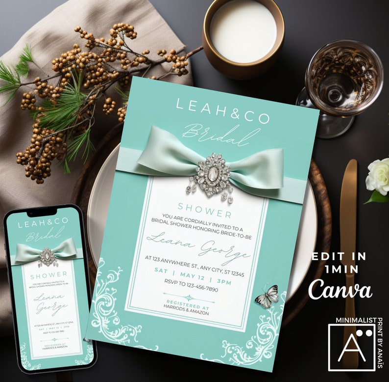 Customizable Bride & Co. Invitation Template, White Bow With Aqua Blue ...