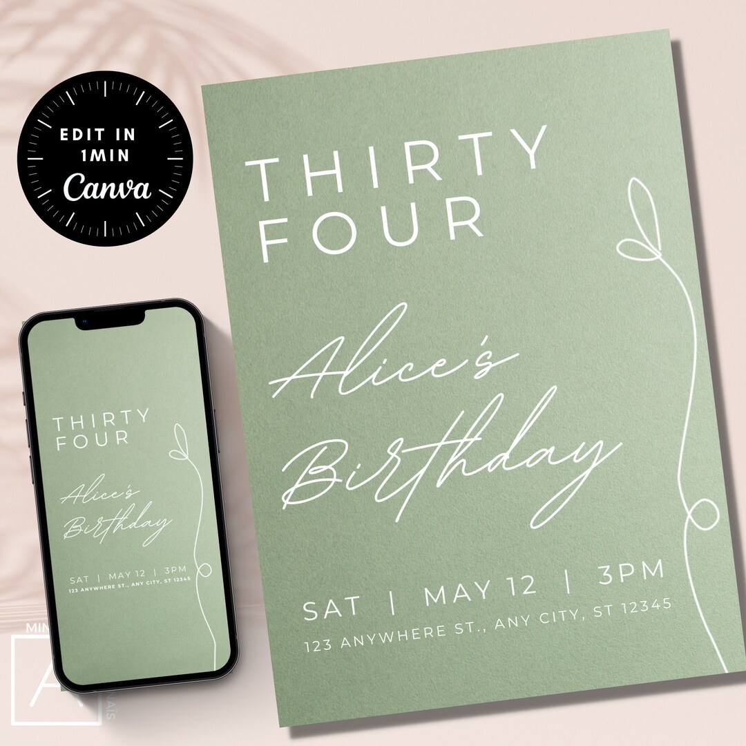 Sage Green 34th Birthday Invitation: Editable Boho Template (digital ...