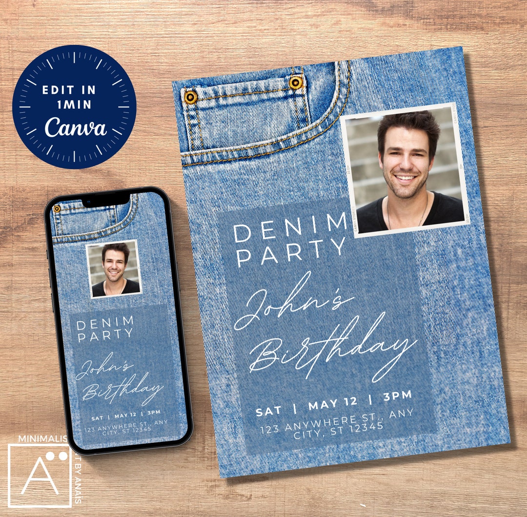 Denim Birthday Invitation With Picture Photo, Denim Invite, Denim Party ...