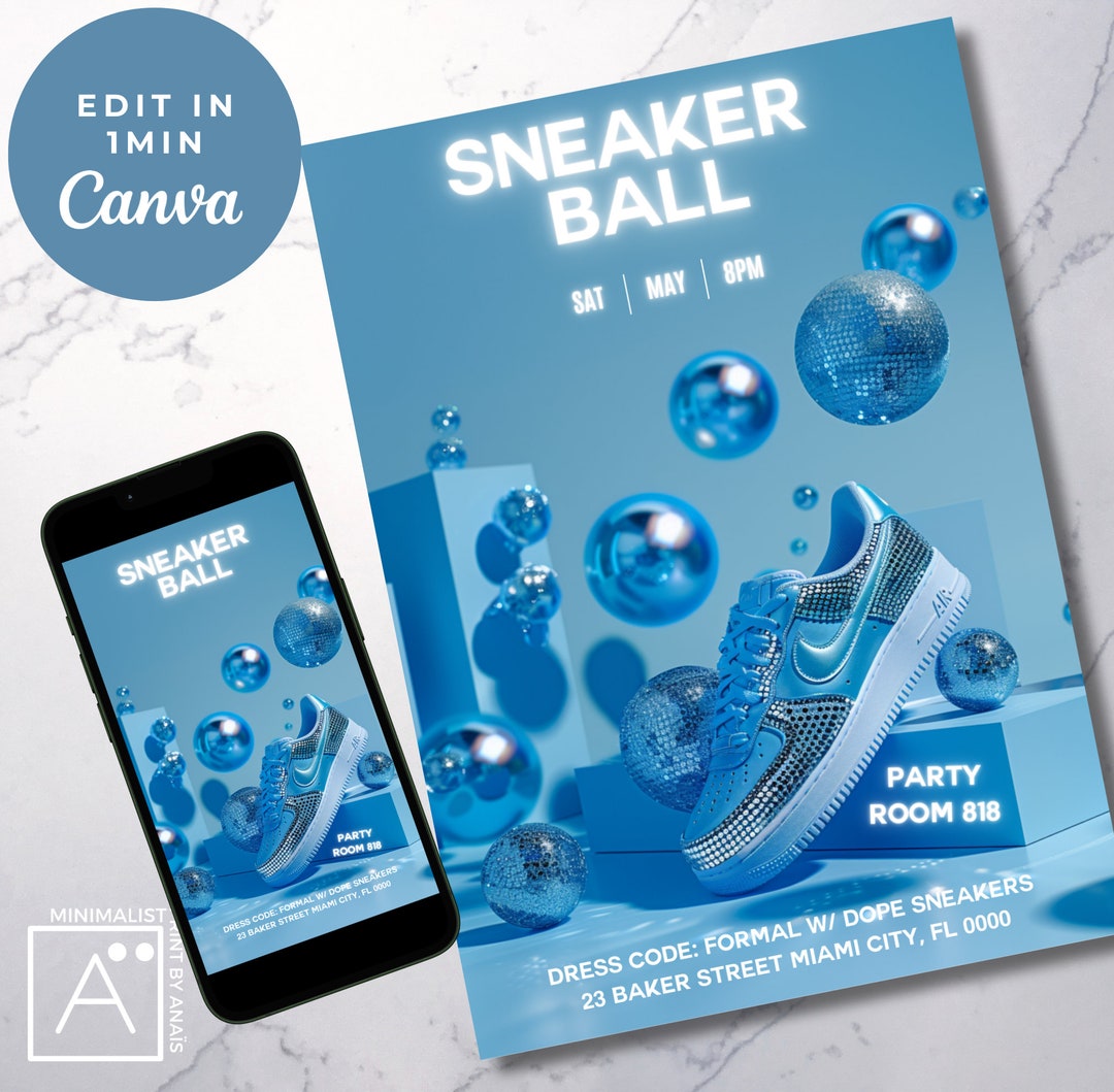 Blue Diamond Sneaker Ball Gala Invitation, Disco Ball Editable, Party ...