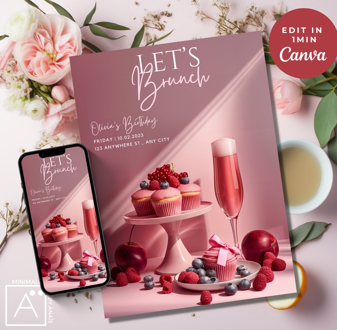 Champagne Brunch Birthday Invitation: Editable Pink Template - Etsy