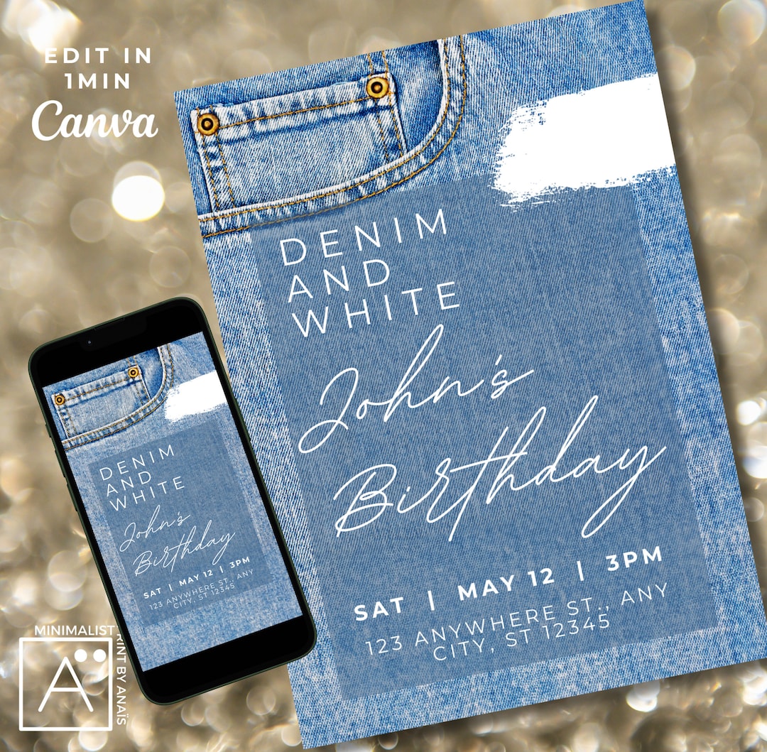 Denim and White Birthday, Blue Jeans and Bling Party Flyer Invitation ...