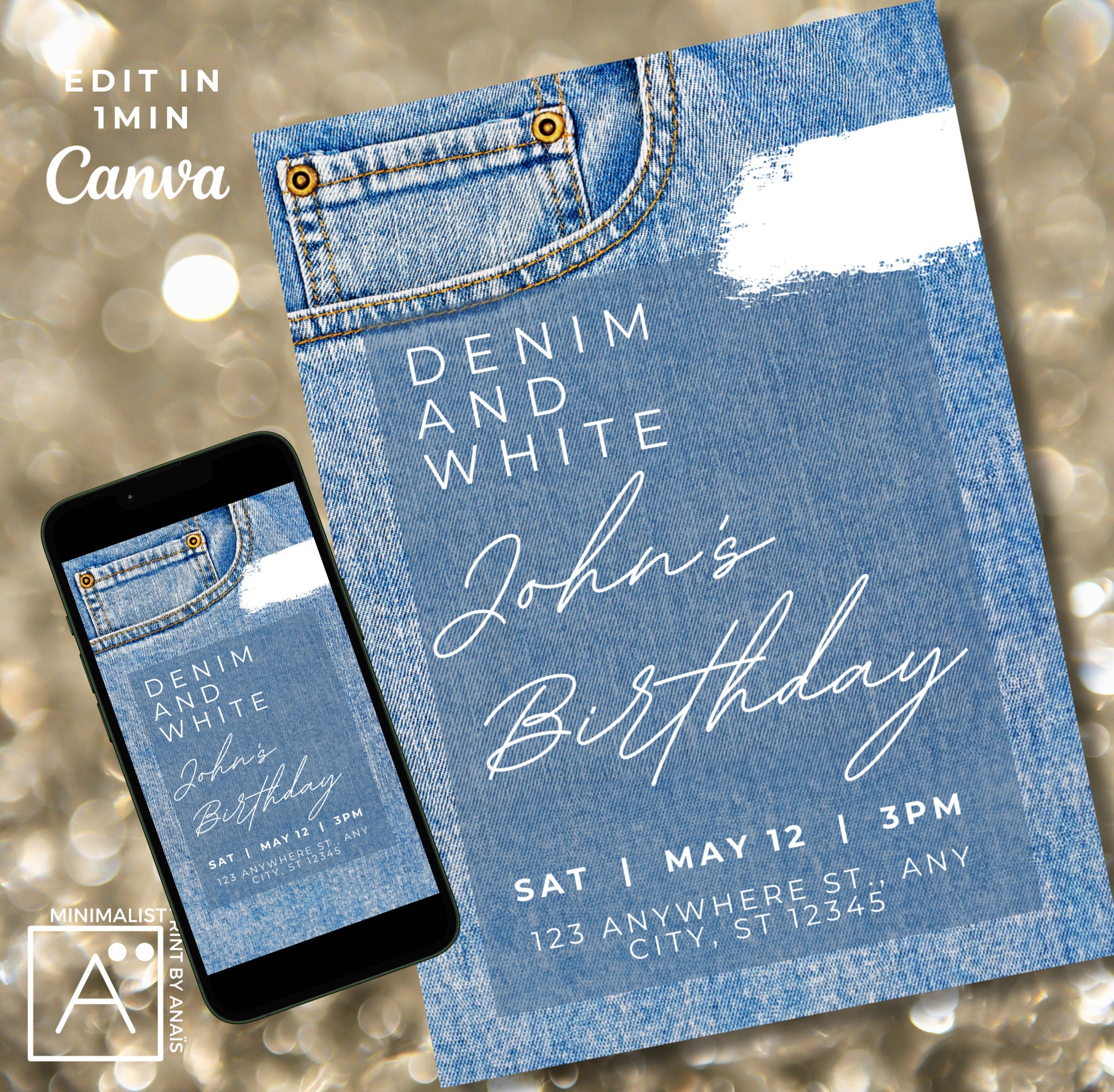 Denim and White Birthday, Blue Jeans and Bling Party Flyer Invitation ...