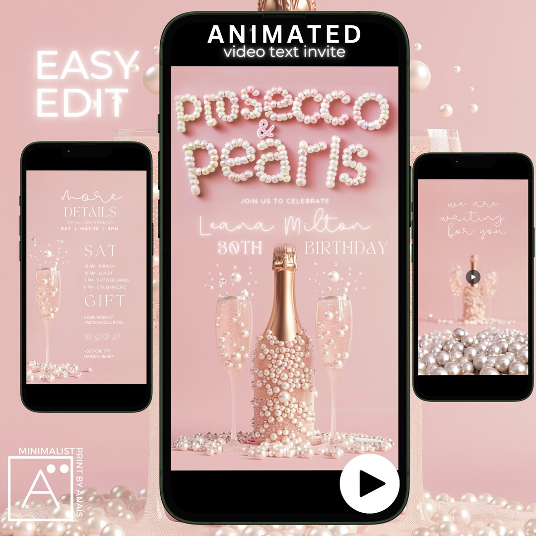 Prosecco & Pearls Birthday Evite, Animated Electronic Invitation, FULLY ...