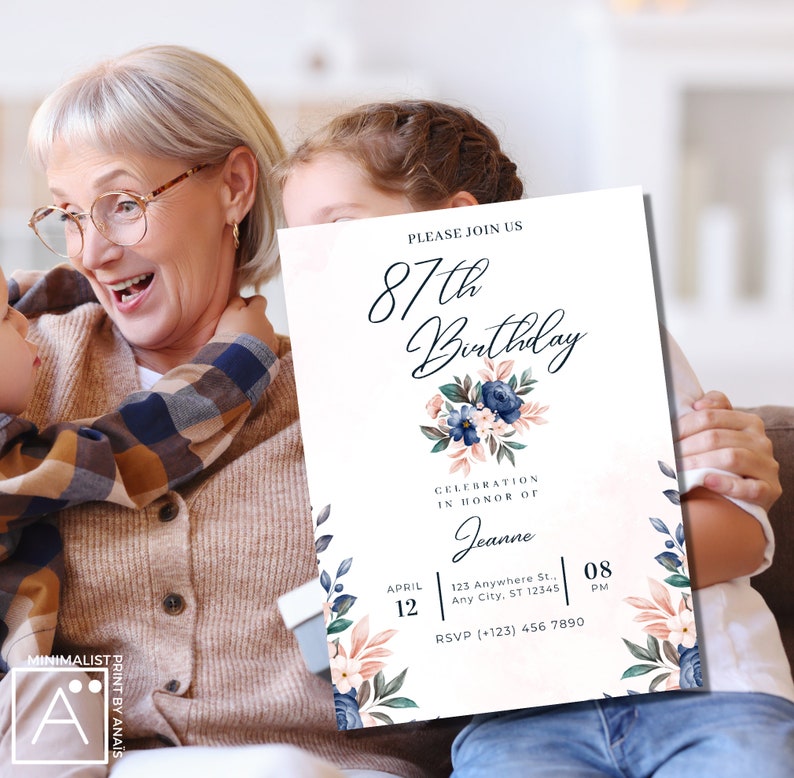 87th Birthday Invite, Editable Floral Invitation, 90th Birthday, 80th ...