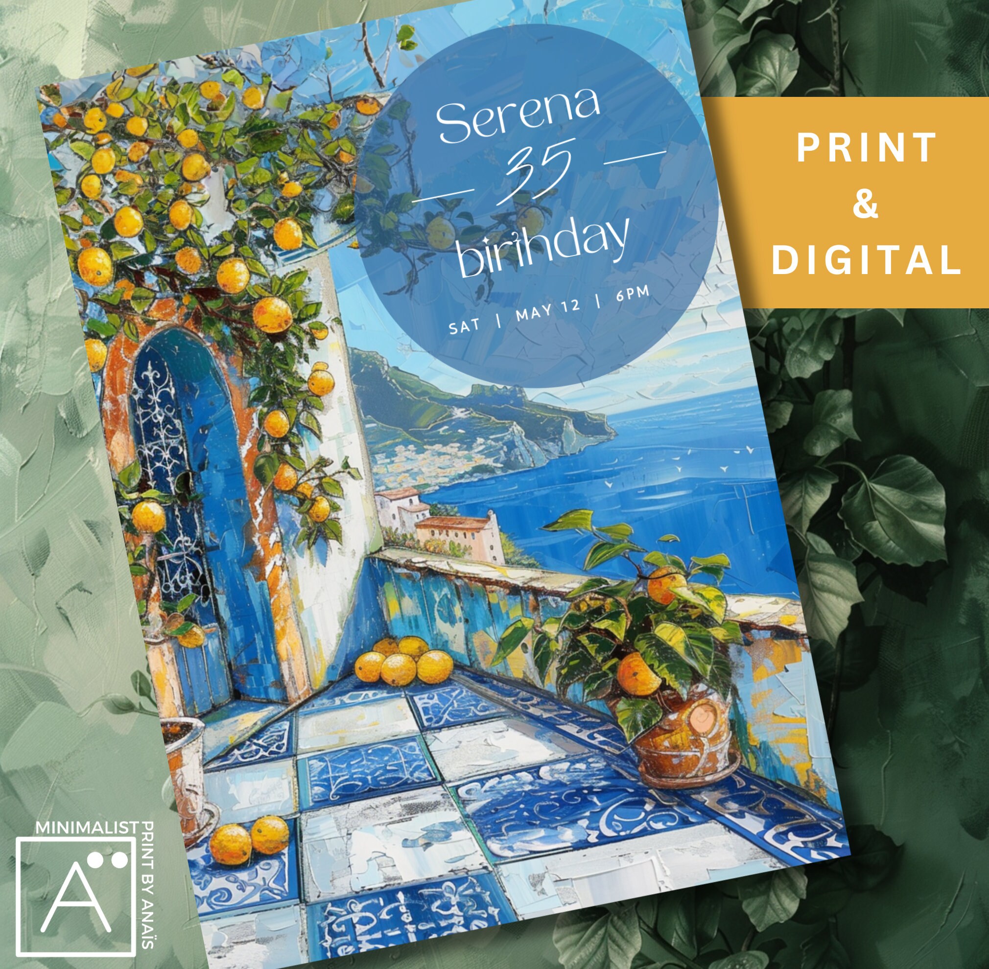 Positano Blue Tile Italian Birthday Invitation, Citrus, Lemon and Blue ...