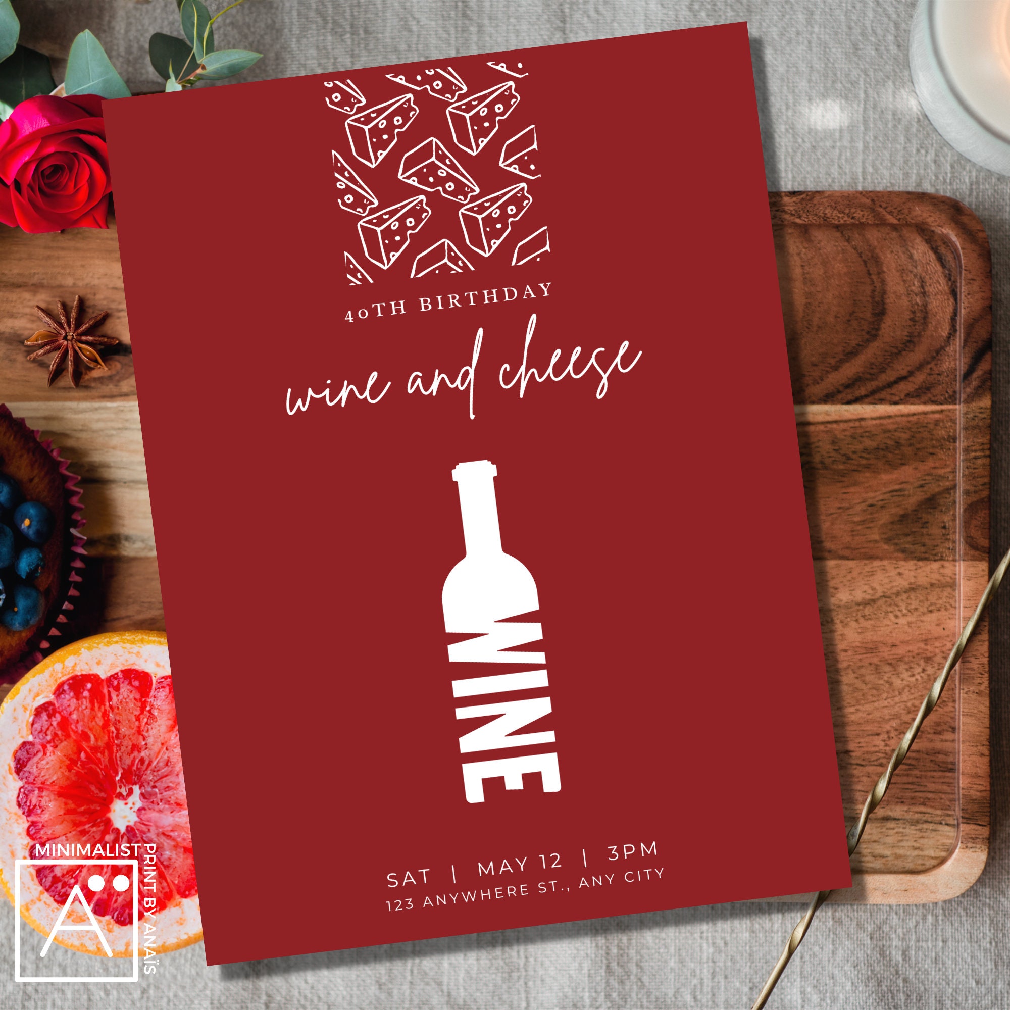 Wine and Cheese, Wine Birthday Invitation, Editable Invitation, Dinner ...