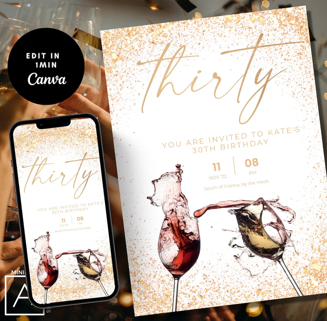 Wine Birthday Invitation, Dirty Thirty Invitation, Editable Invitation ...