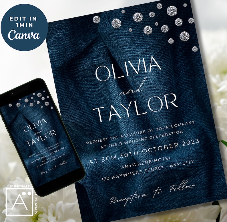 Denim and Diamonds Wedding Invitation, Print & Evite, Blue Jeans and ...