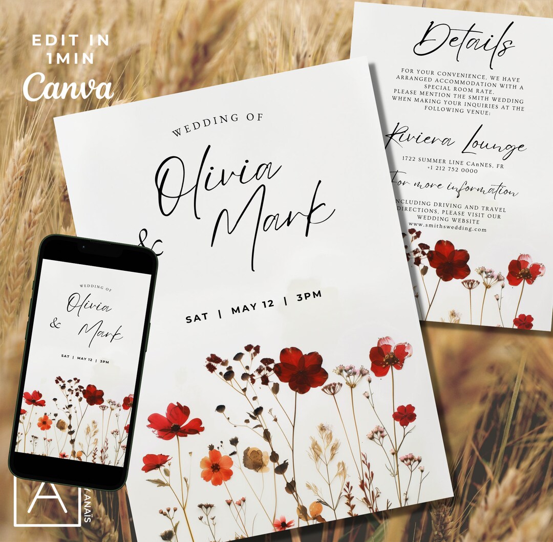 Watercolor Floral Borders Wild Flowers Wedding Invitation Set, Print ...