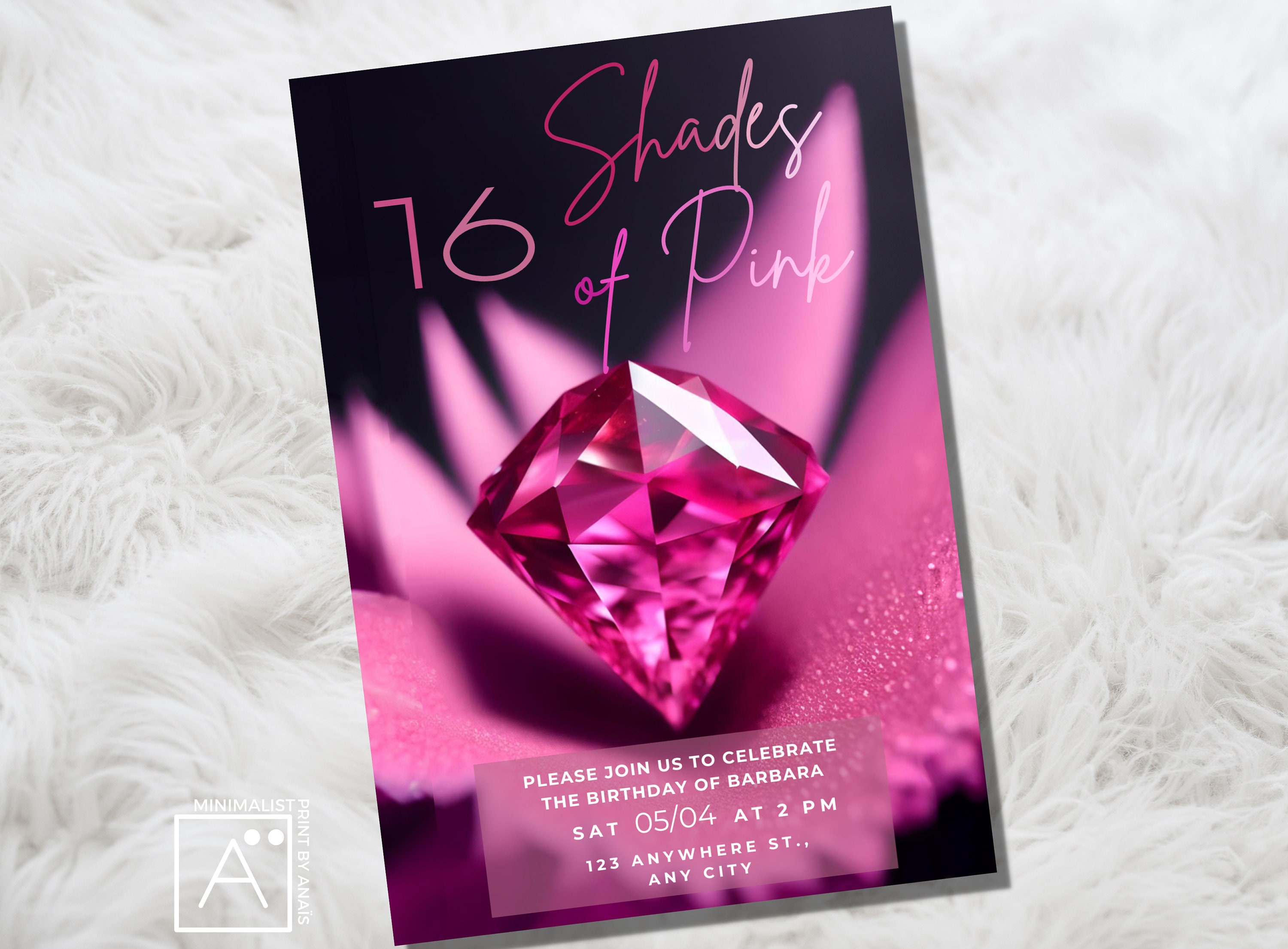 16 Shades of Pink, Pink Diamond, Birthday Invitation, Fully Editable ...