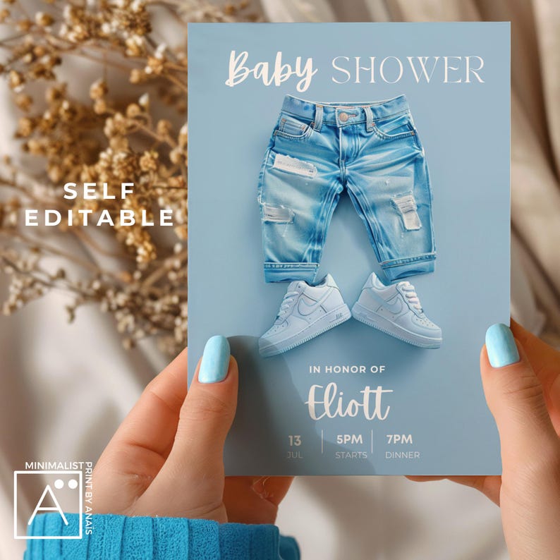 Denim & Sneakers Baby Shower Invitation Set Print Digital, Baby Dresses ...