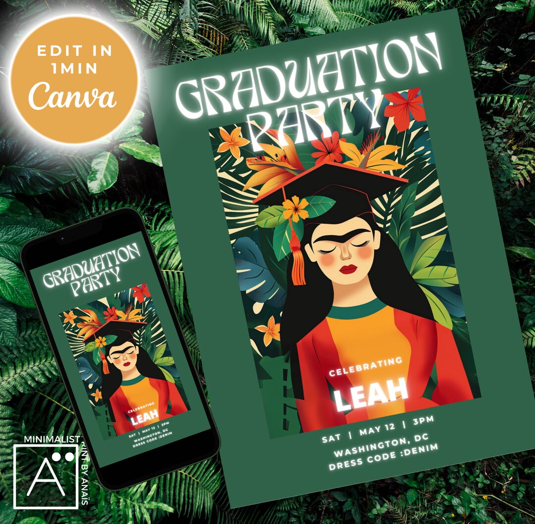 Floral Jungle Graduation Party Invitation, Frida Kahlo, Art School ...