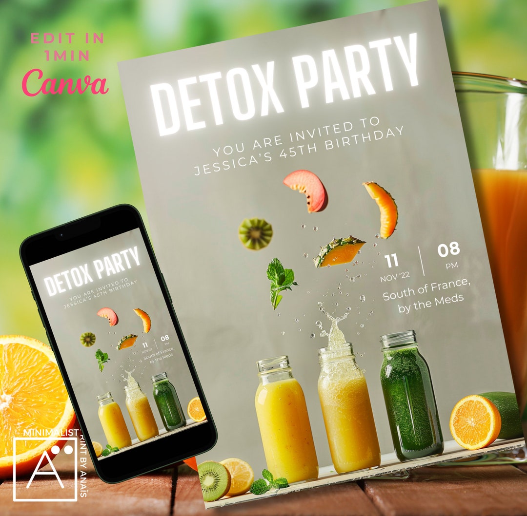 Detox Party Invitation: Juice Bar Birthday, Mocktail Event (DIY Canva ...