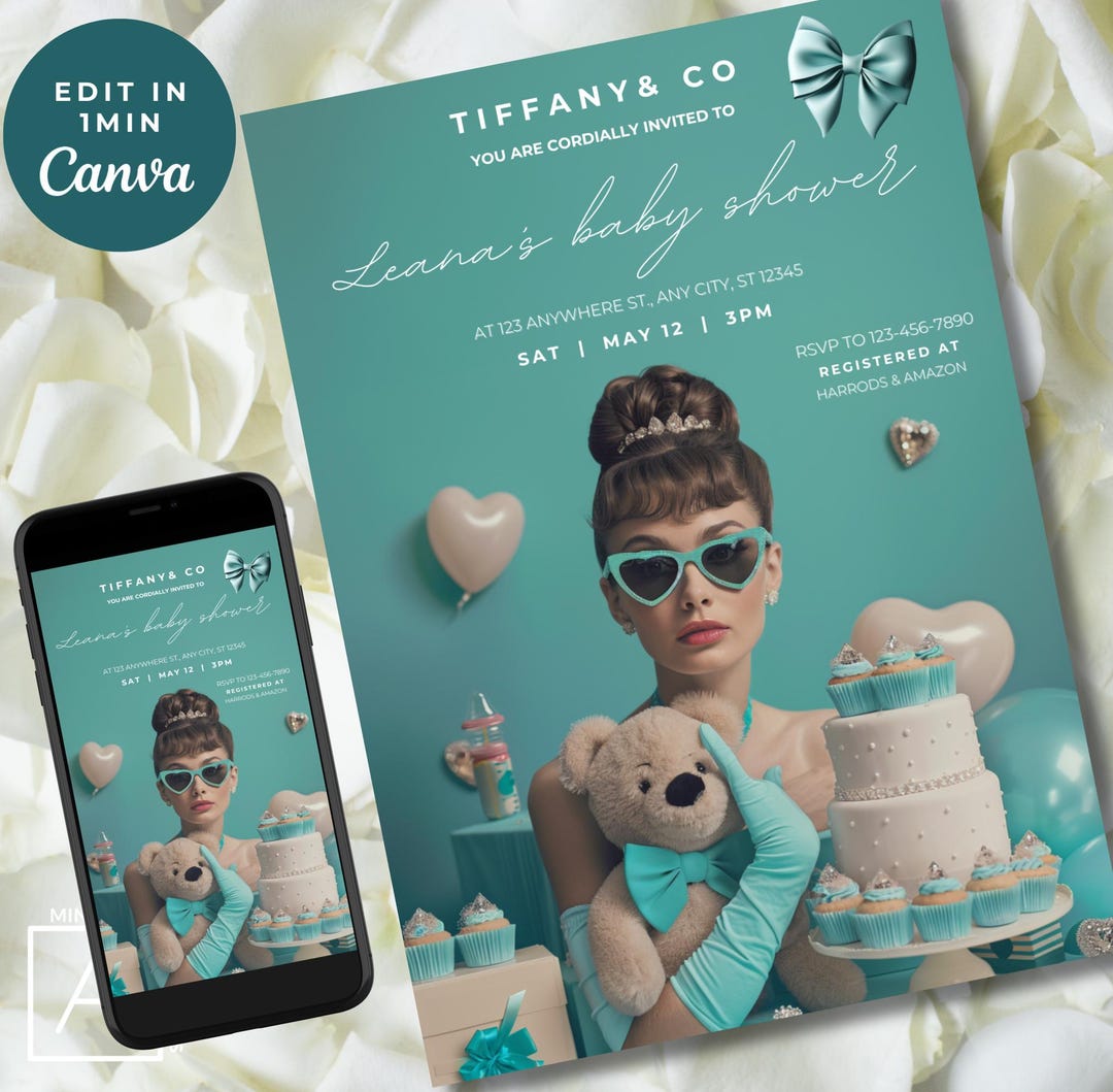 Tiffany & Co. Baby Shower Invitation Template, Teddy Bear Bow Aqua Blue ...