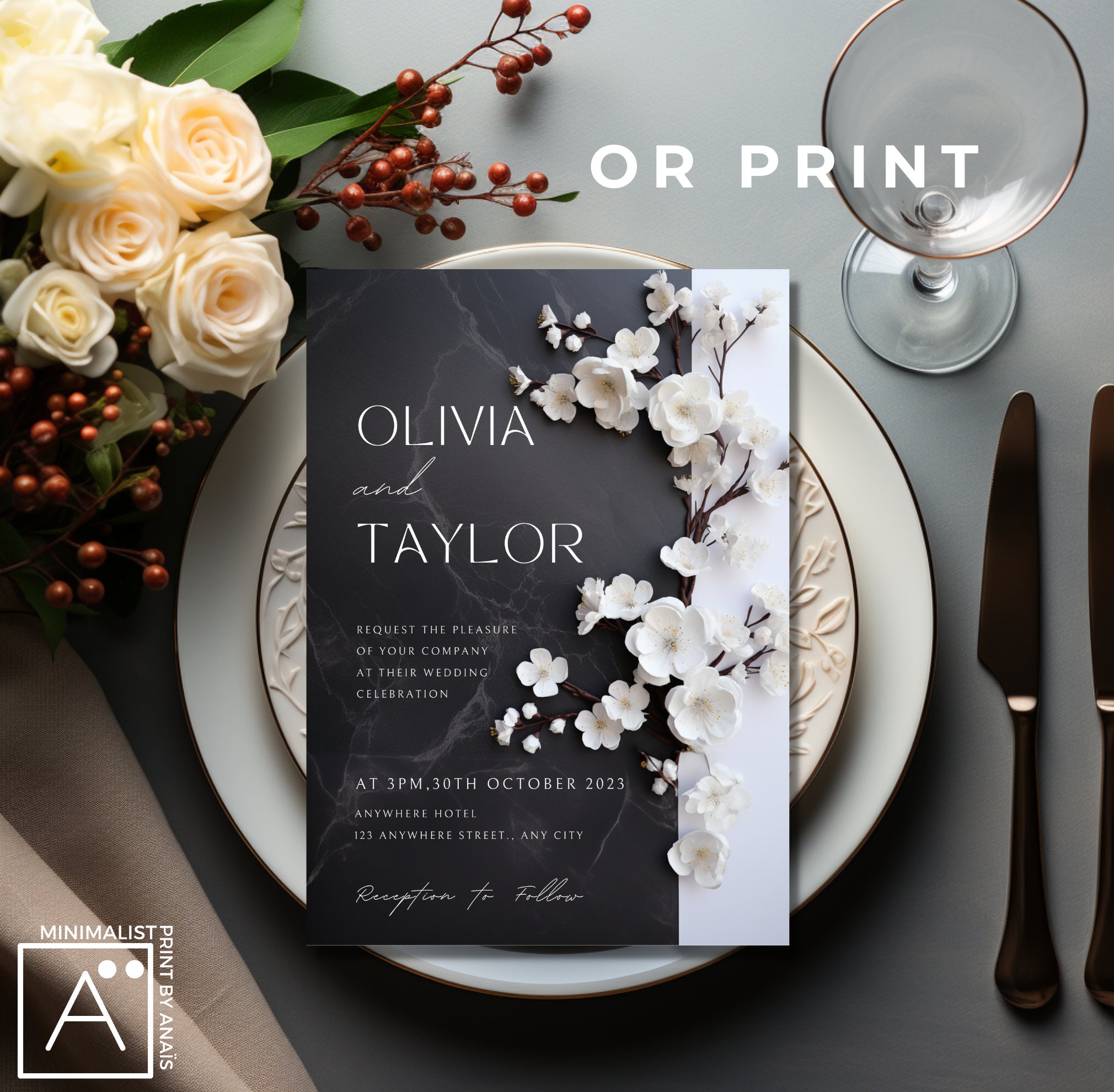 Elegant Black Wedding Invitation Minimalist Floral Wedding - Etsy