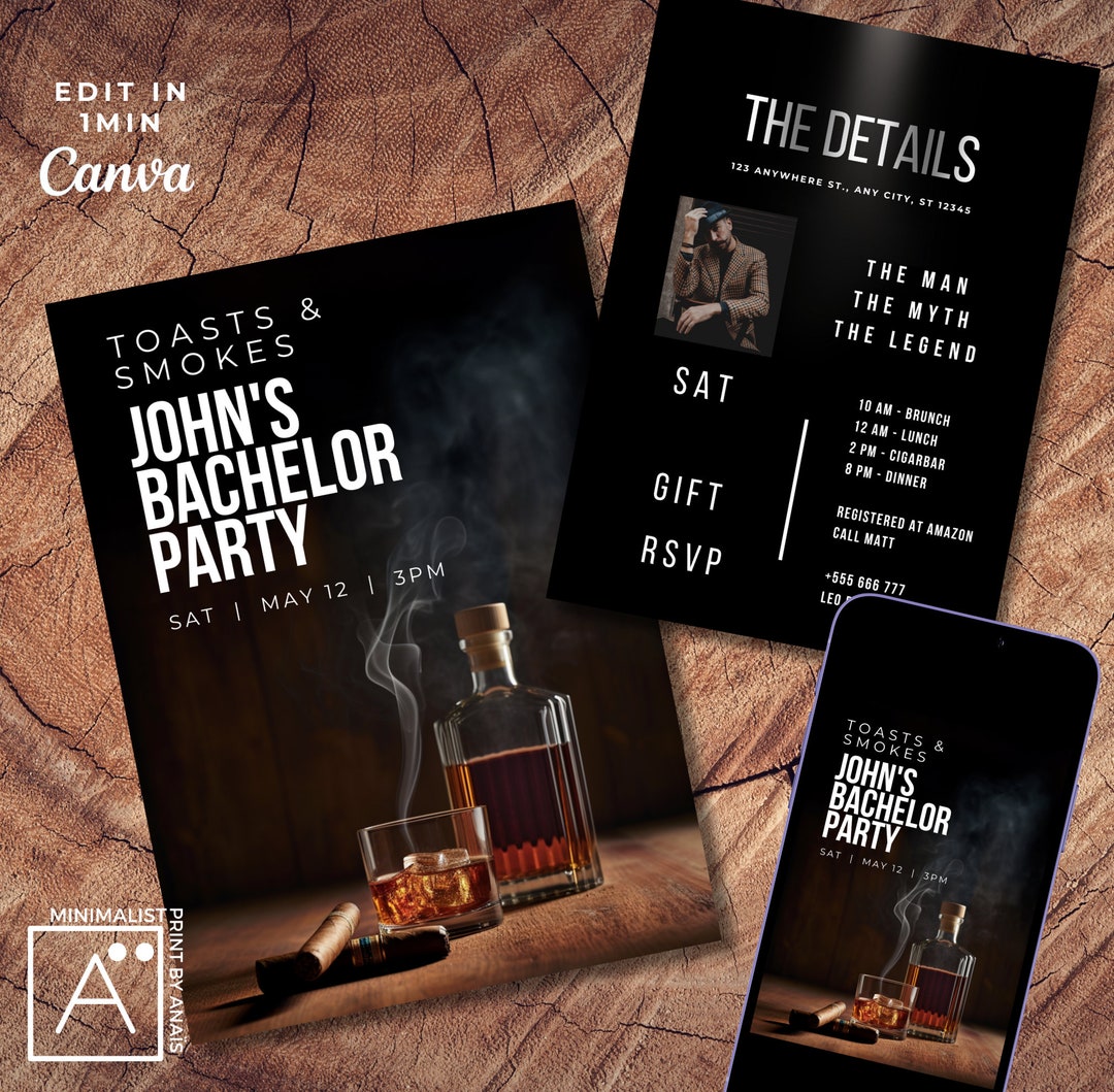 Whiskey & Cigars Bachelor Party Invitation: Modern Design (instant ...