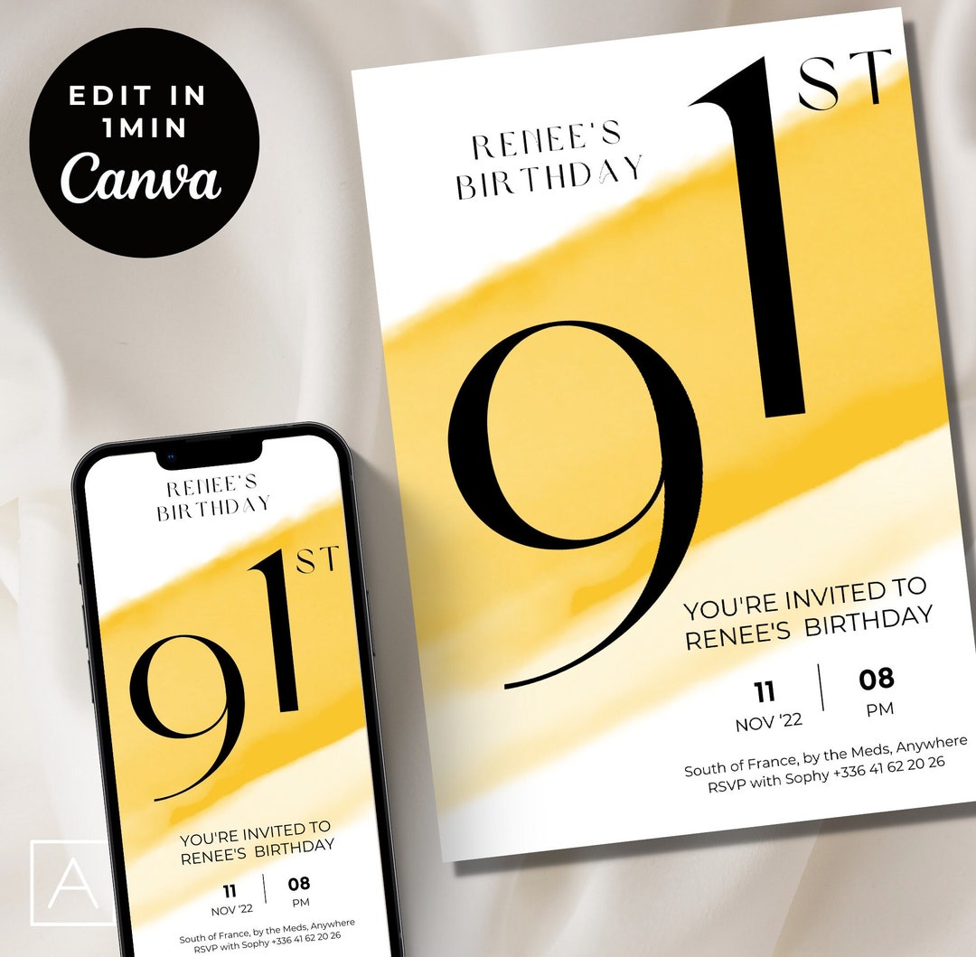 91st Birthday Invitation Template: Yellow Watercolor, Editable Canva ...
