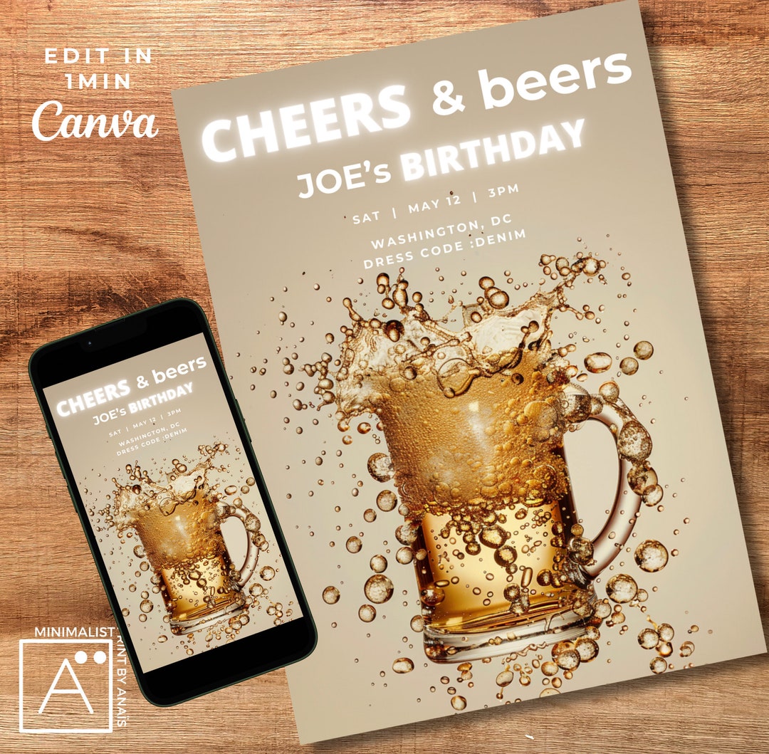 Digital Cheers & Beers Invitation - Elegant Men's Birthday Invite ...