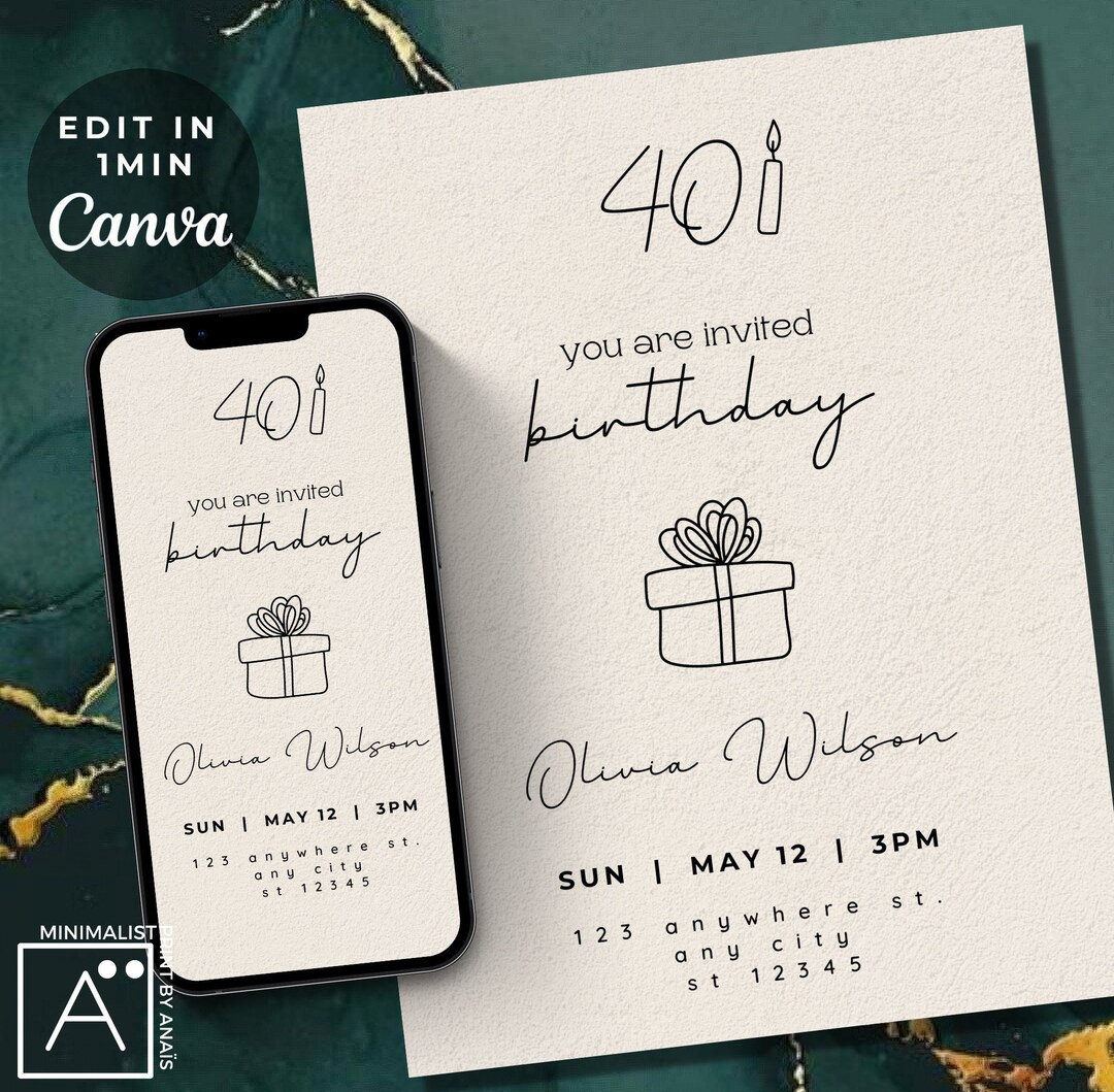 Handwritten, Edit Any Age, Minimalist Digital Forty 40th Birthday ...