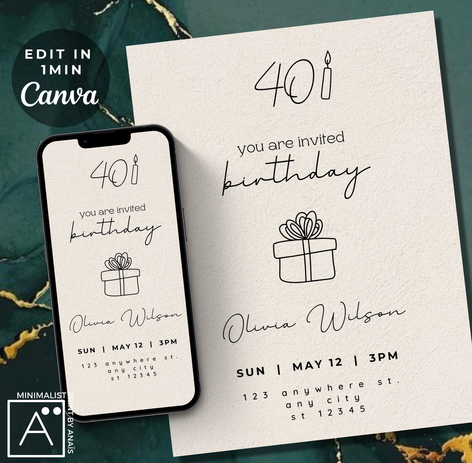 Handwritten, Edit Any Age, Minimalist Digital Forty 40th Birthday ...