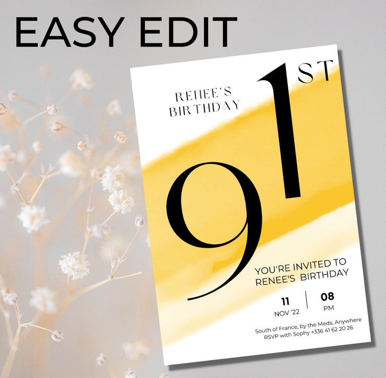 91st Birthday Invitation Template: Yellow Watercolor, Editable Canva ...