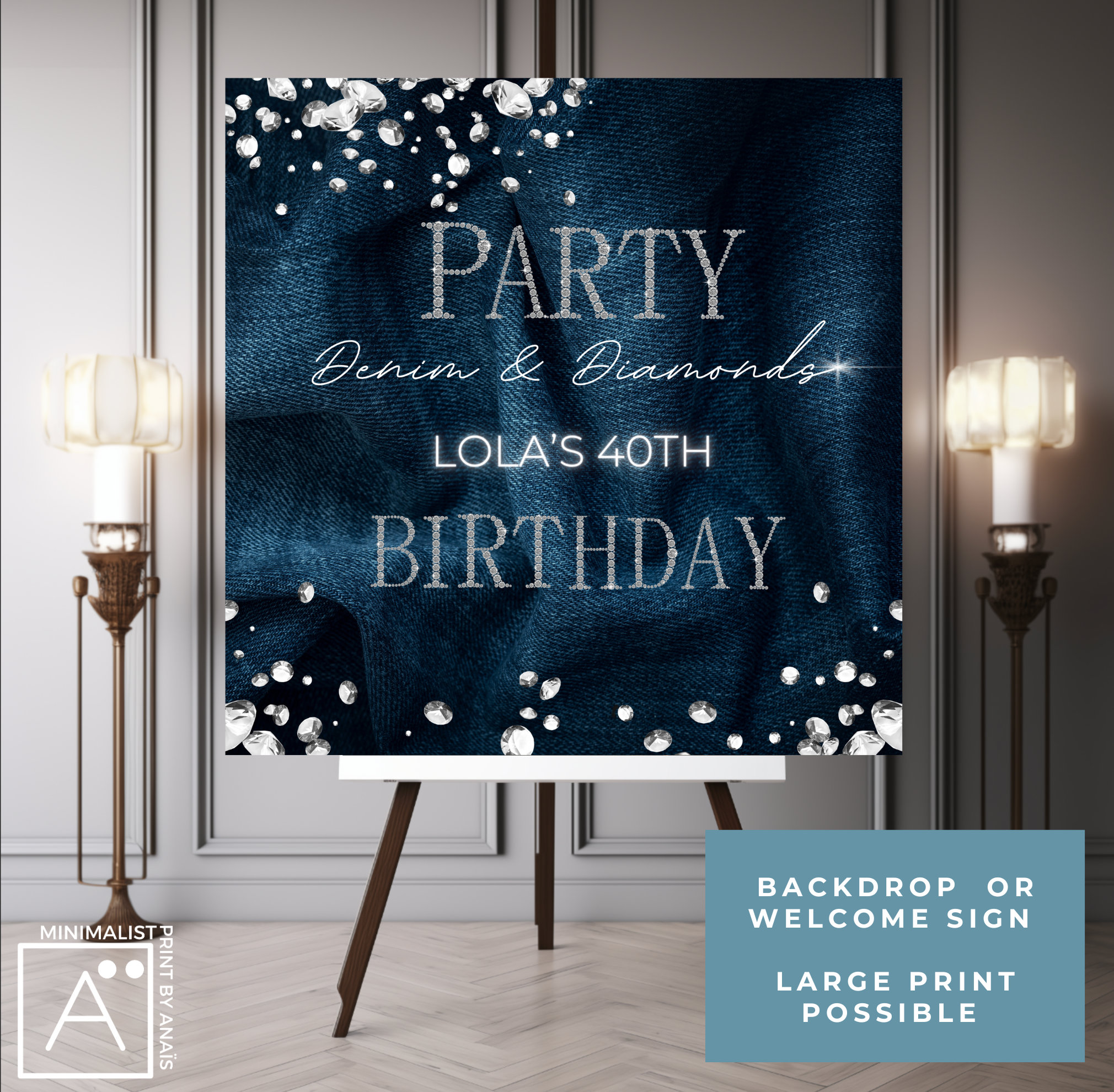 Denim and Diamond Backdrop & Welcome Sign, Denim Diamond Party Decor ...