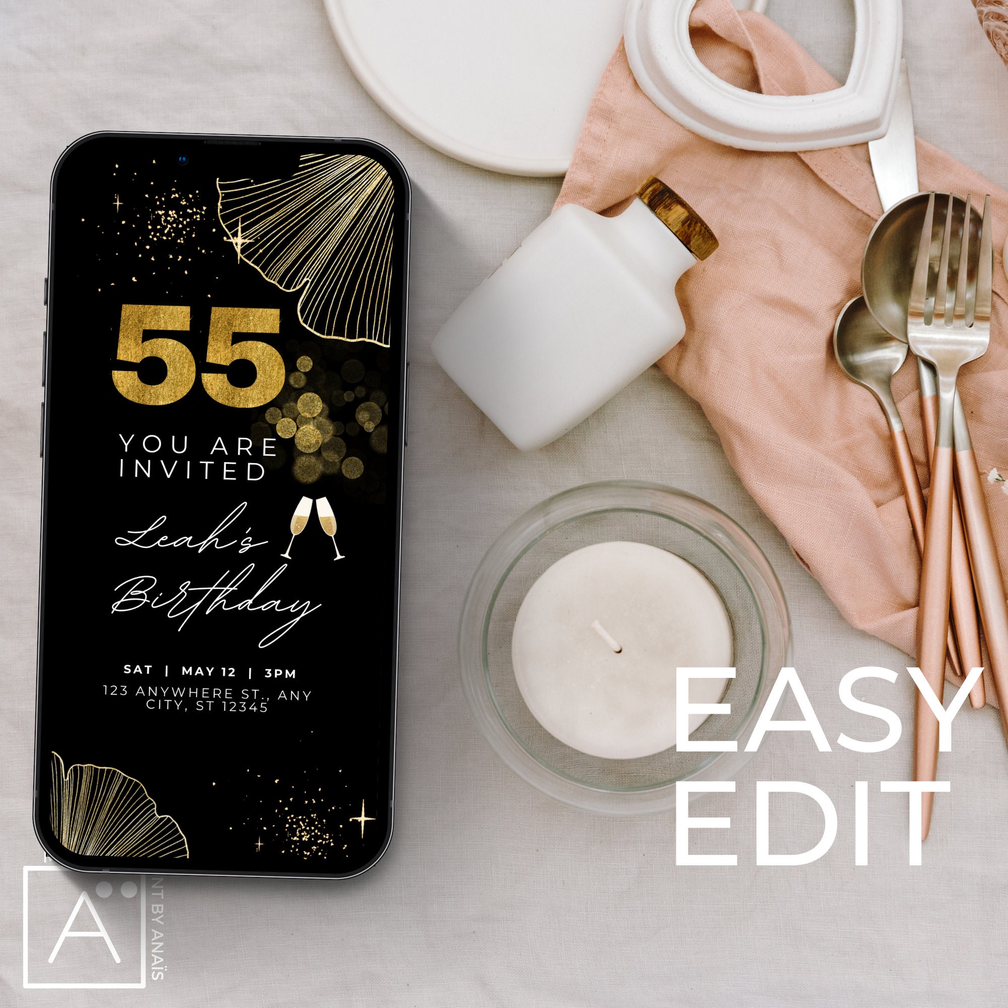55th Birthday Invitation, Digital Birthday, Editable, Black and Gold ...