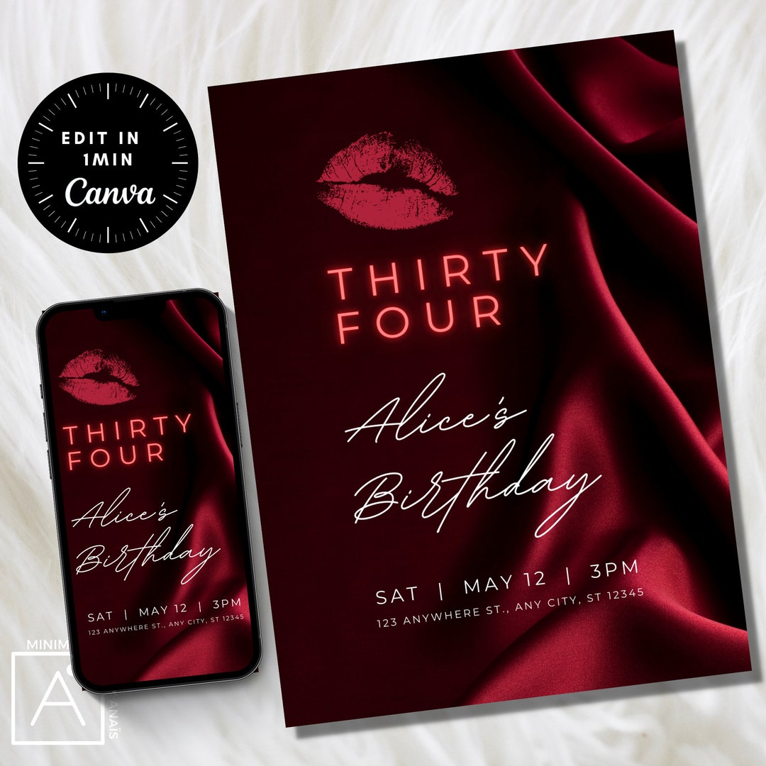 Editable 34th Birthday Invitation: Red Lips, Canva Template (digital) - Etsy