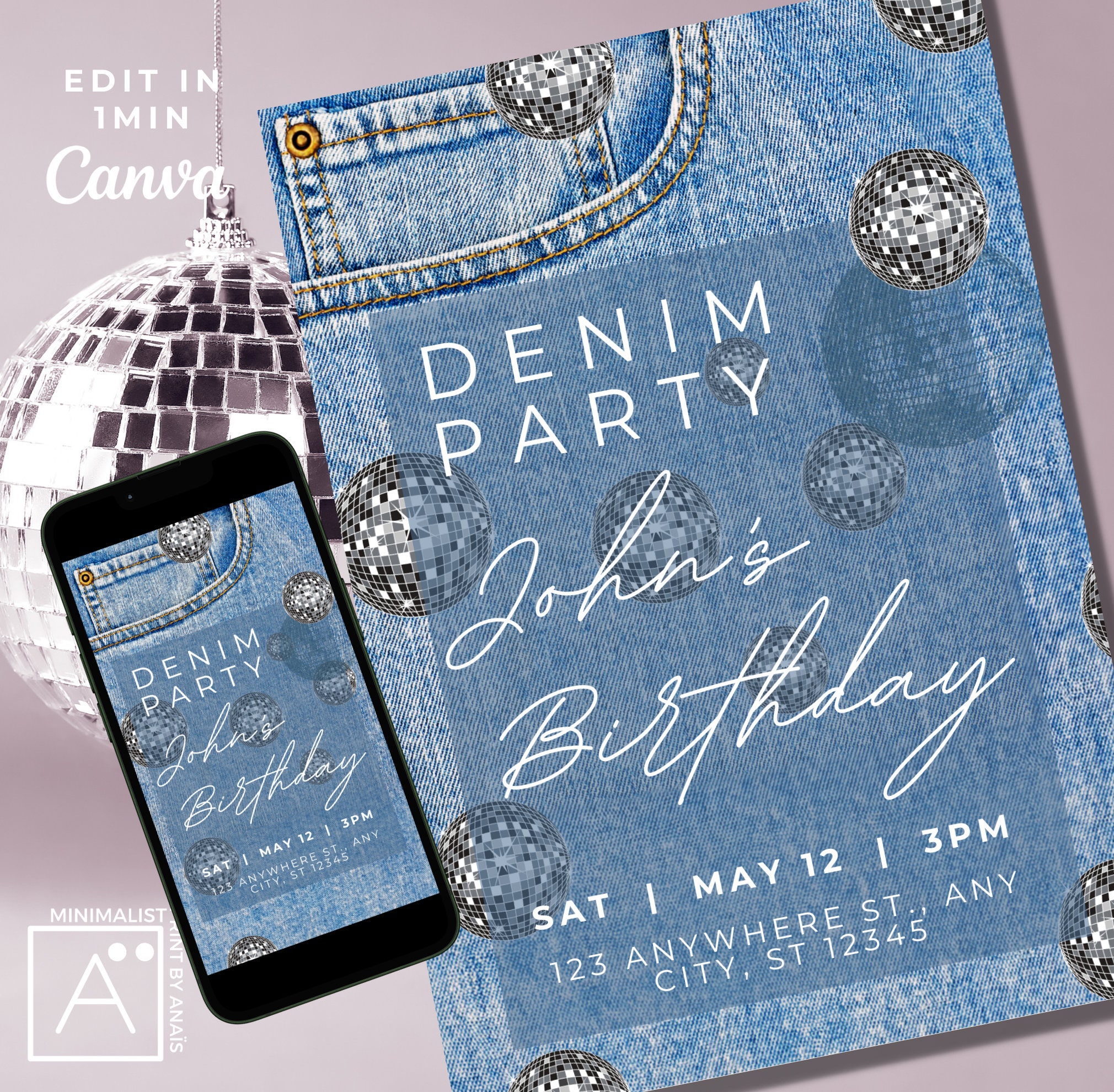 Denim Disco Ball Birthday Invitation: Editable Party Decor (digital) - Etsy