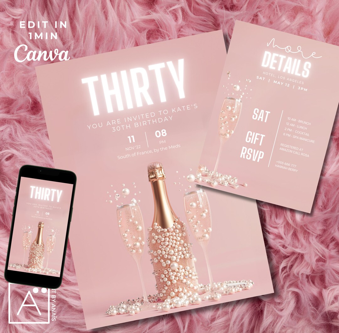 Champagne & Pearls Birthday Invitation: Editable Pink Blush Design ...