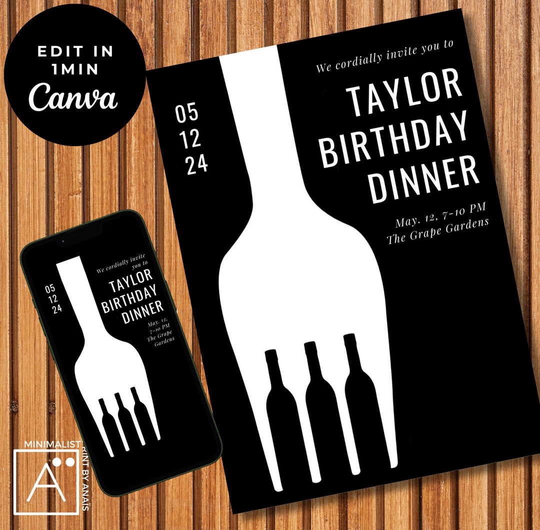 Elegant Wine Birthday Dinner Party Invitation: Black & White, Animated ...