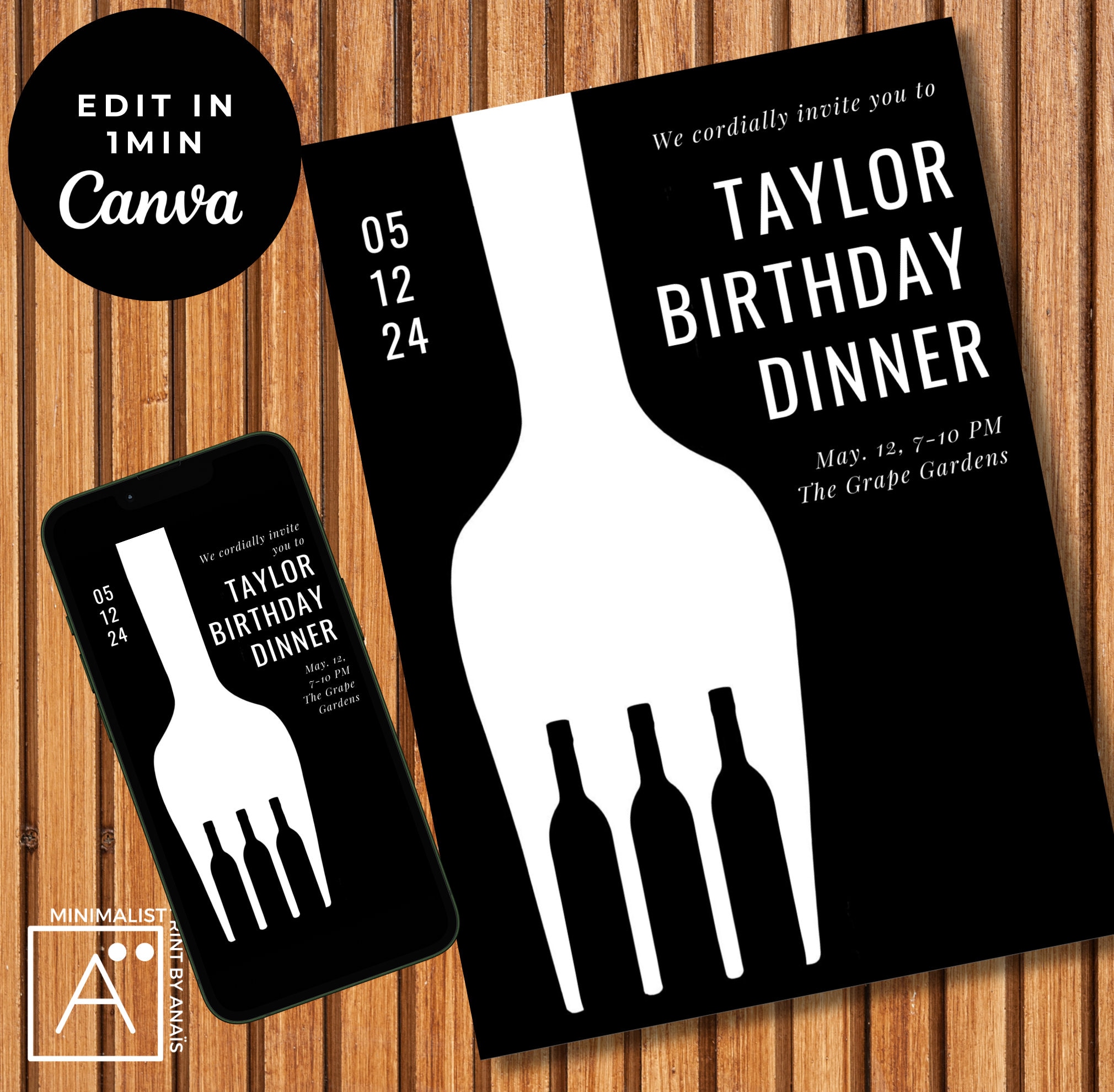 Elegant Wine Birthday Dinner Party Invitation: Black & White, Animated ...