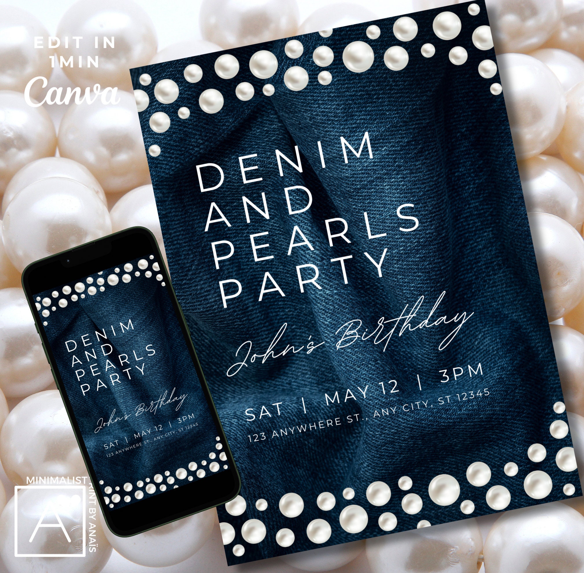 Denim and Pearls Birthday Invitation, Denim Party Invite, Blue Jeans ...
