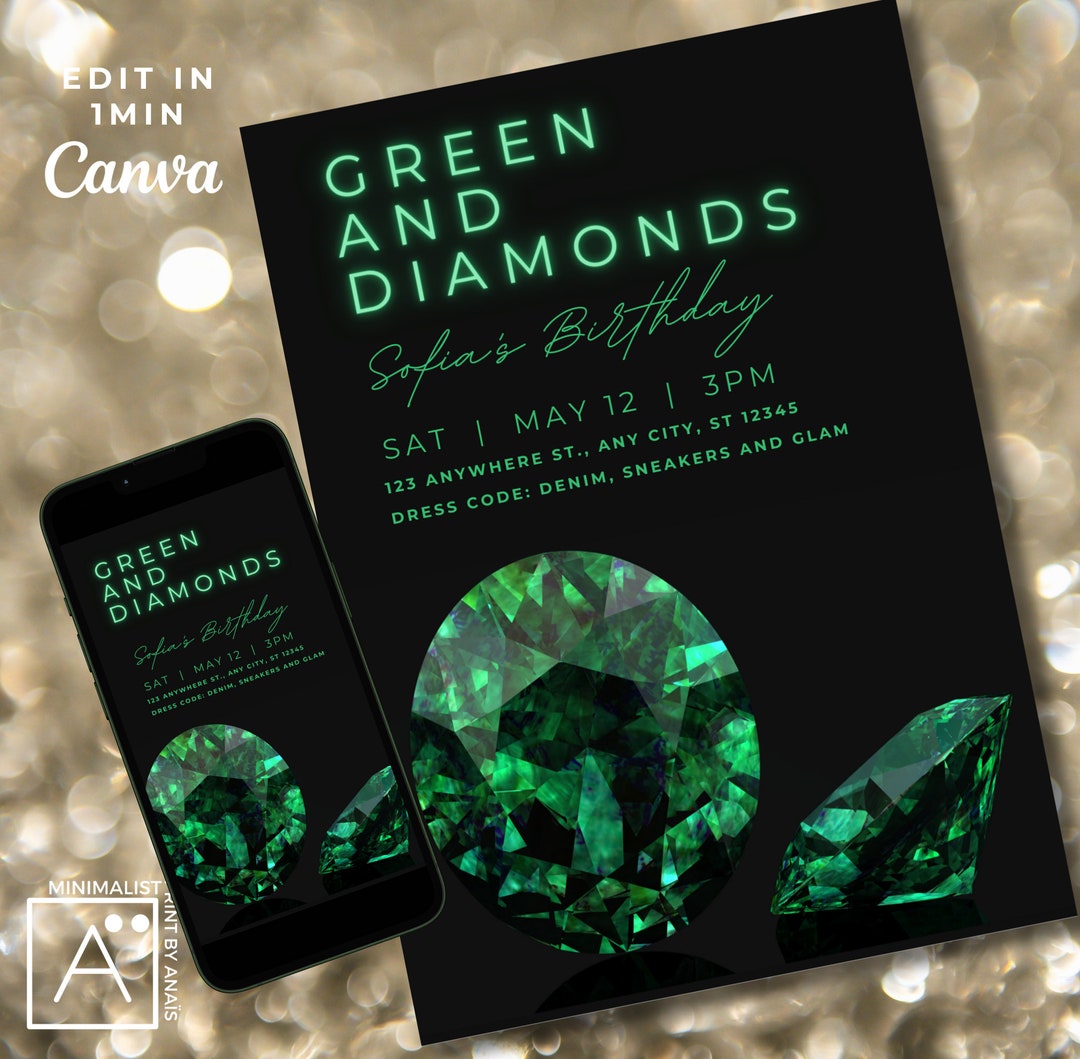 Green Diamond Birthday Invitation: Editable Party Invite (digital ...