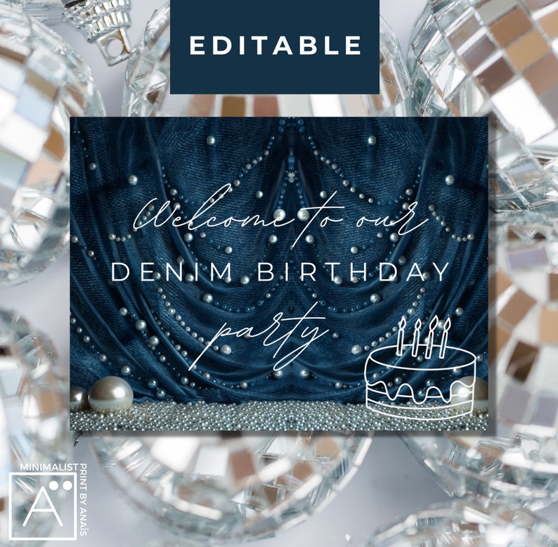 Denim and Pearls Birthday Backdrop: Editable Welcome Sign (digital ...