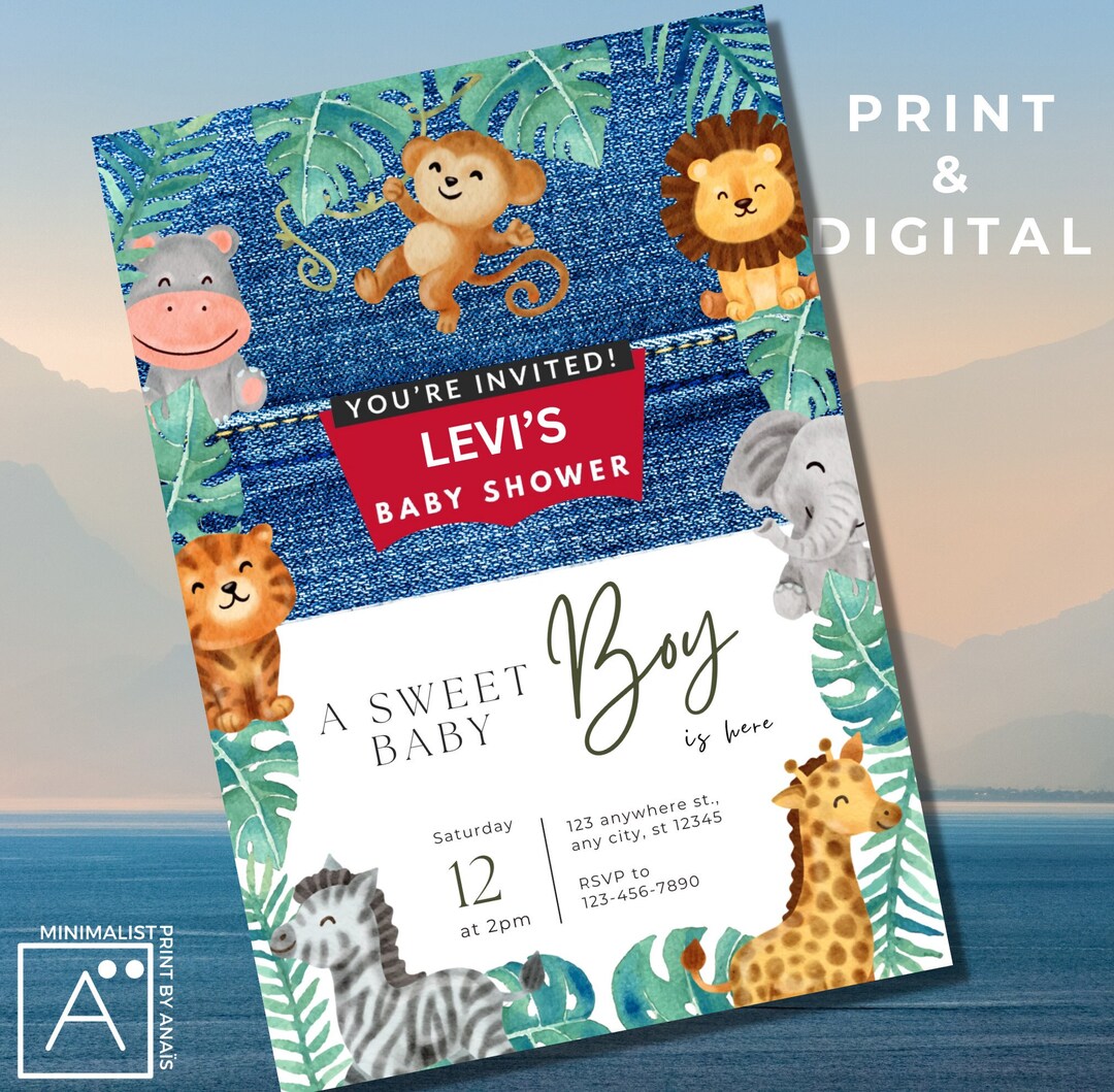 Levi's Denim Baby Shower Invitation: Watercolor Animals (printable ...