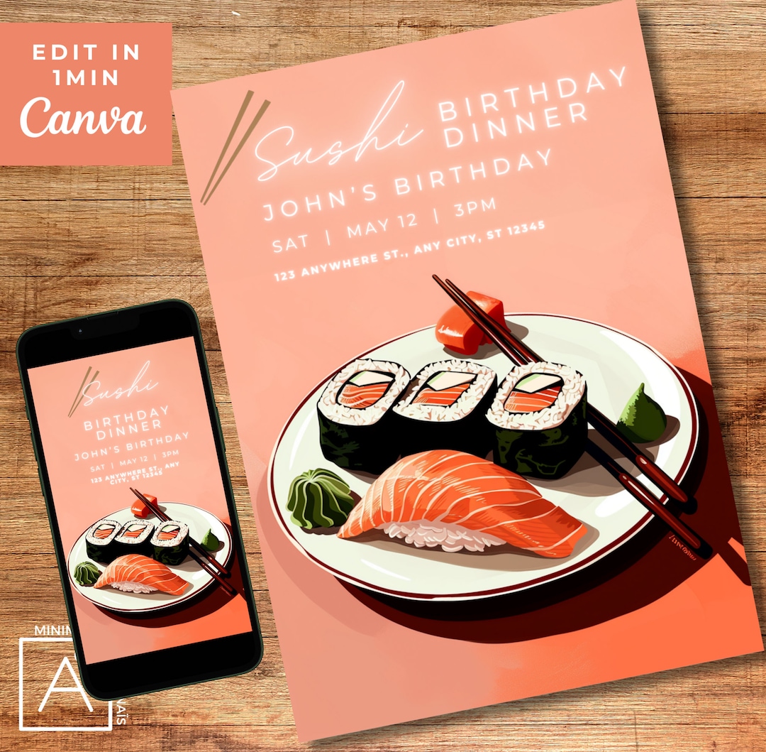 Sushi Birthday Invitation: Elegant Minimalist Party Template (digital ...