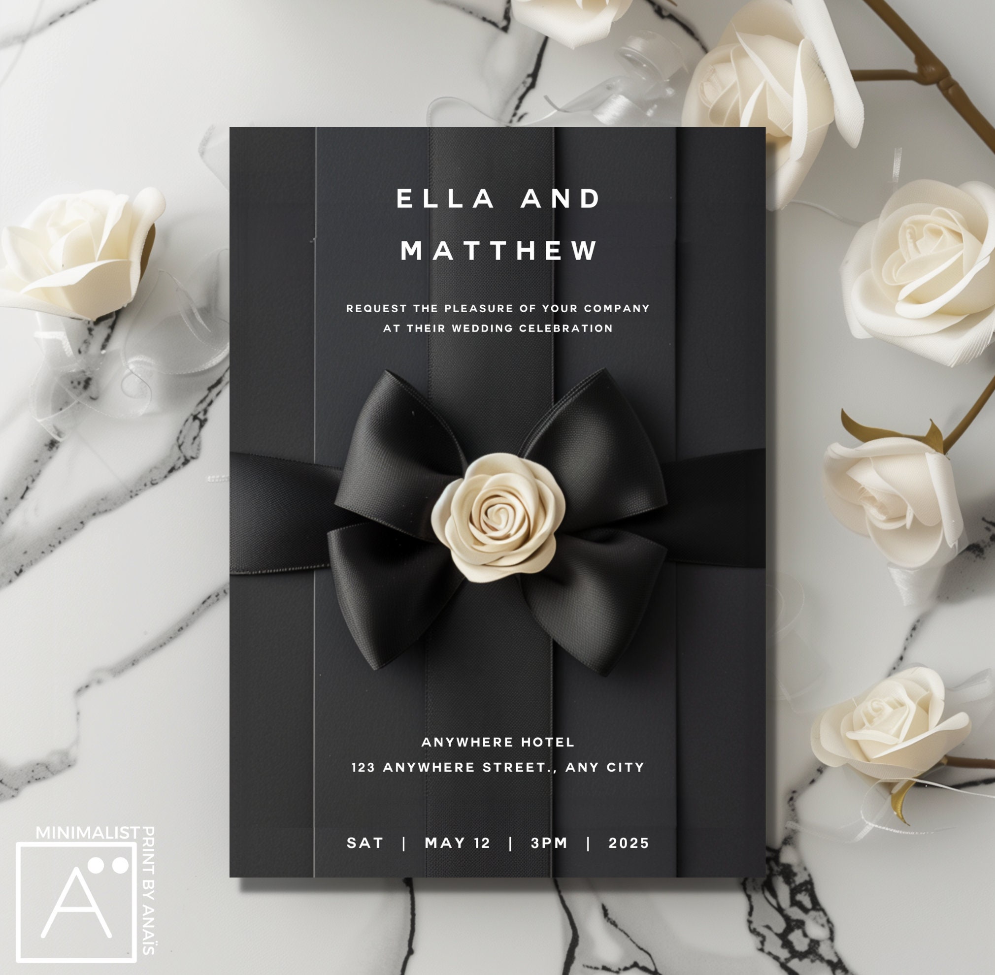 Elegant Black and White Wedding Invitation Set, Print or Send via Text ...