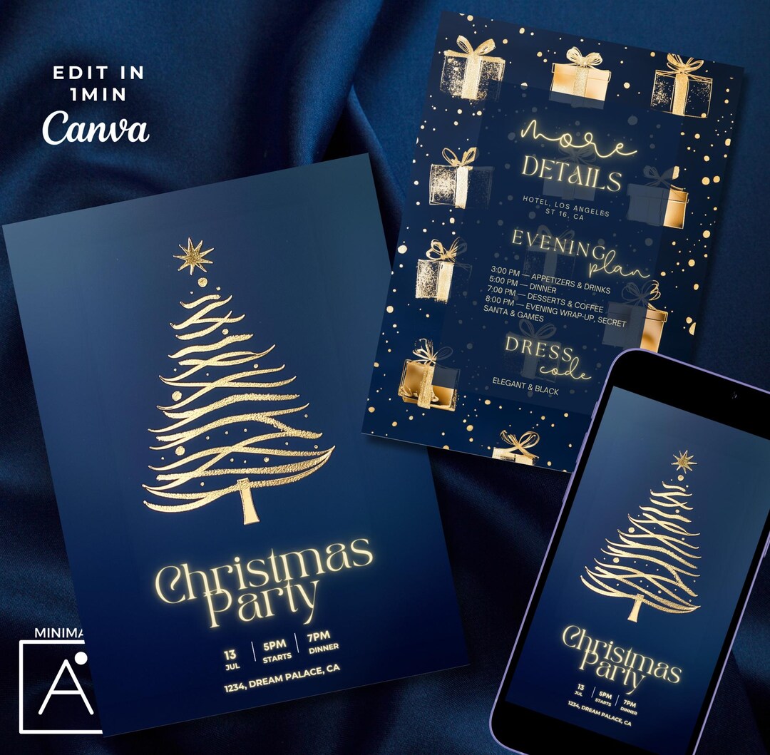 Business Christmas Invitation Holiday Party Evite Blue & Gold Leaf ...