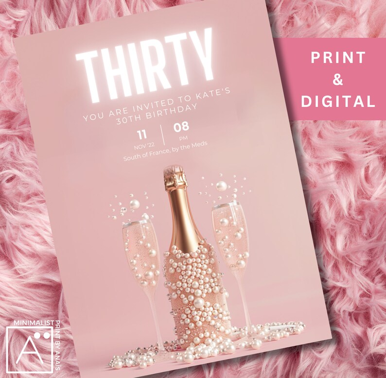 Champagne & Pearls Birthday Invitation: Editable Pink Blush Design ...