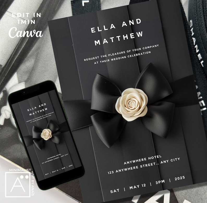 Elegant Black and White Wedding Invitation Set, Print or Send via Text ...